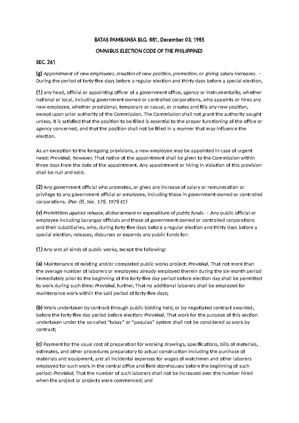 Sec 261 OEC - Guidelines on Employee Appointments Before Elections ...