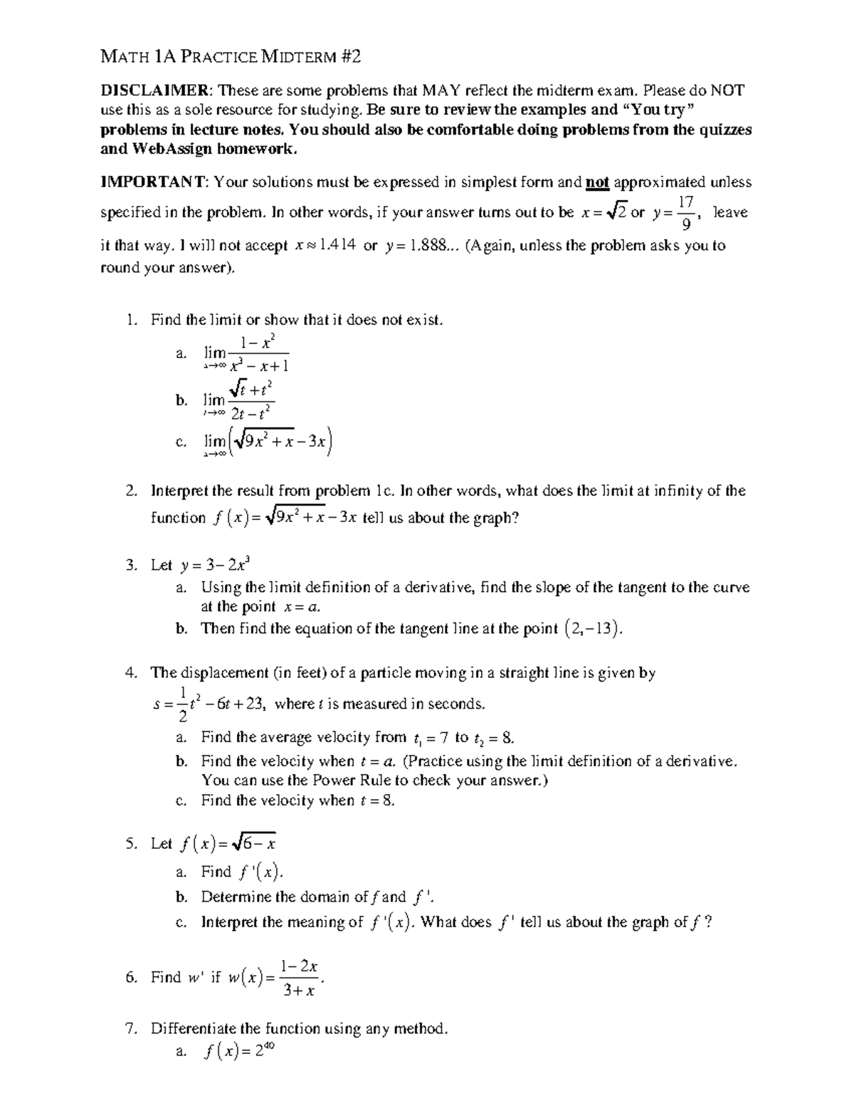 MATH 1A MIDTERM 2 PRACTICE PROBLEMS AND SOLUTIONS - Studocu