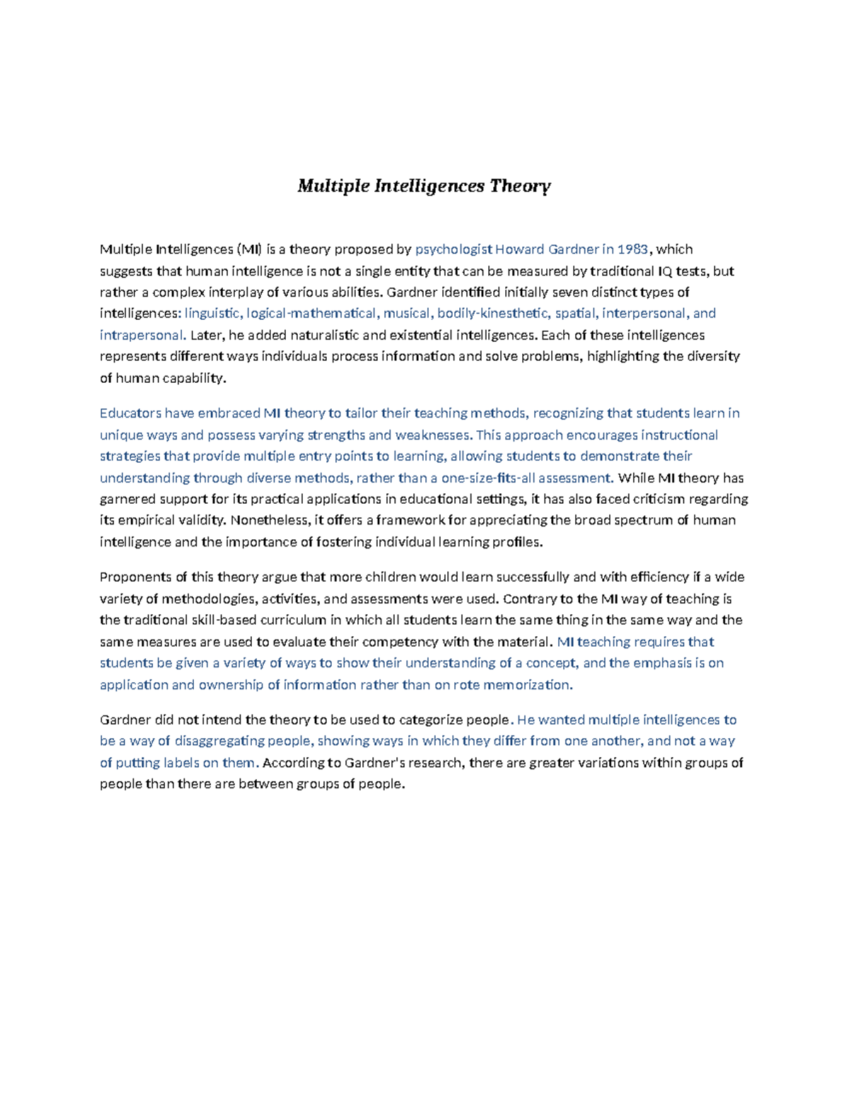 Multiple Intelligences Theory Overview and Educational Implications - Studocu