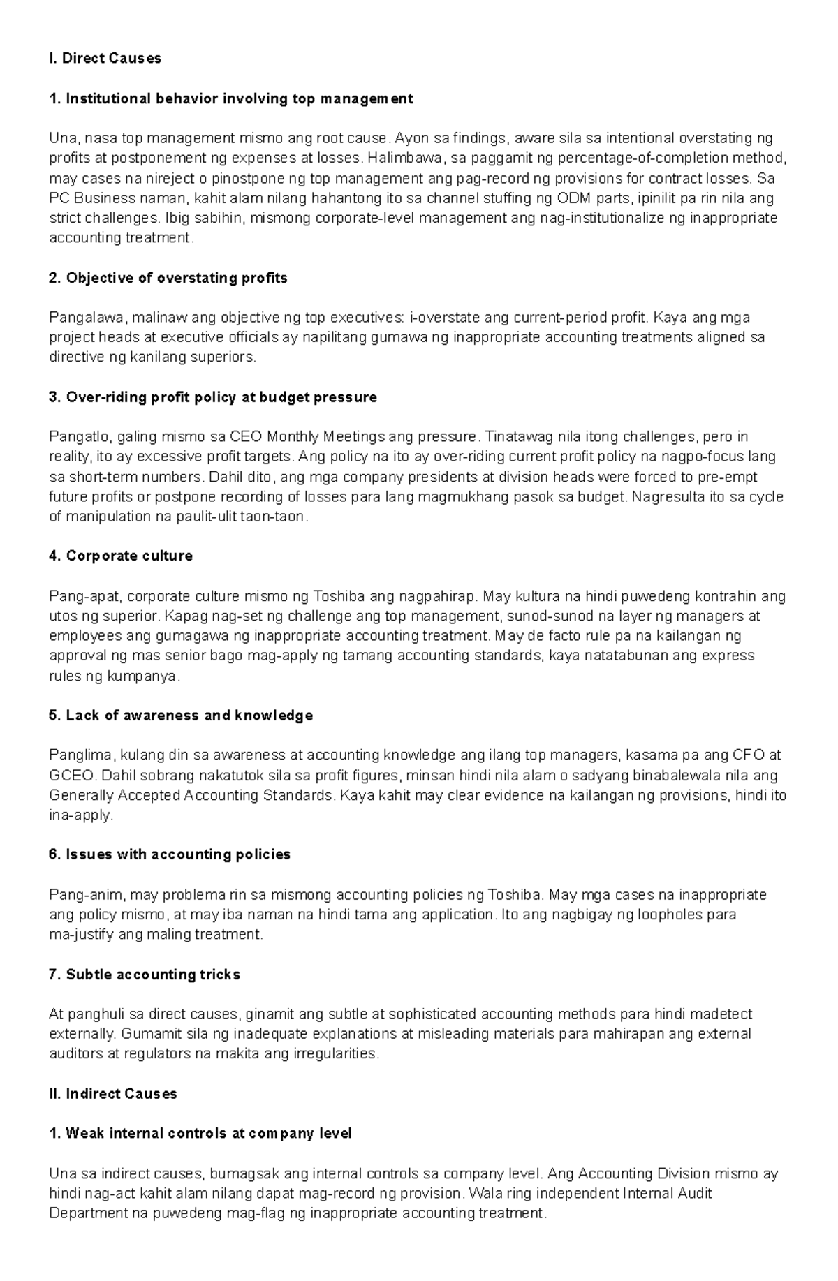 Toshiba Case Study: Direct and Indirect Causes of Accounting Issues - Studocu