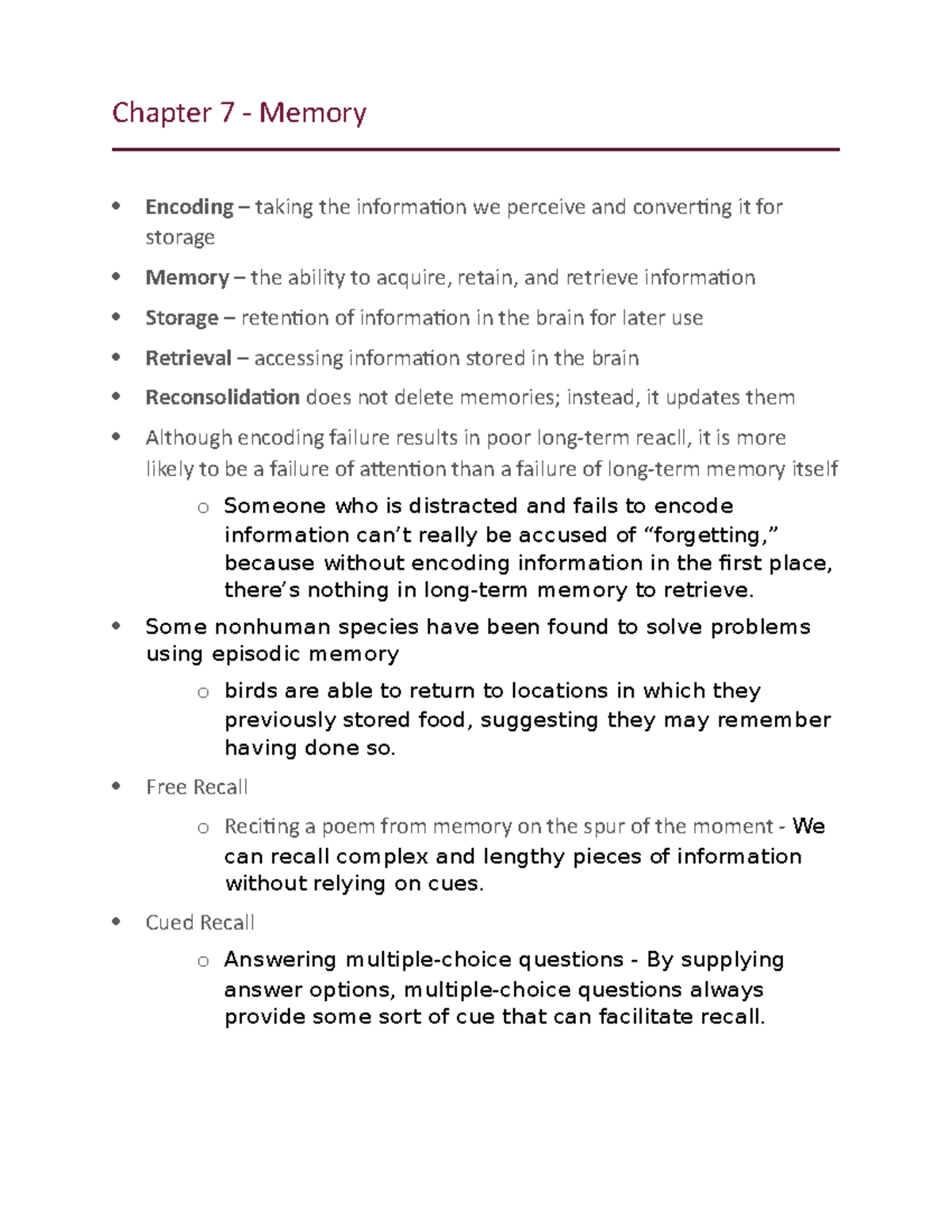 Chapter 7 Inquizitive - Chapter 7 - Memory Encoding – taking the ...