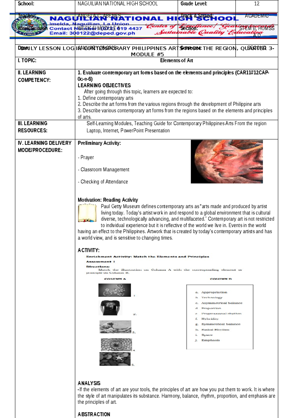 Daily Lesson Log: Contemporary Arts in the Philippines - Module 5 - Studocu