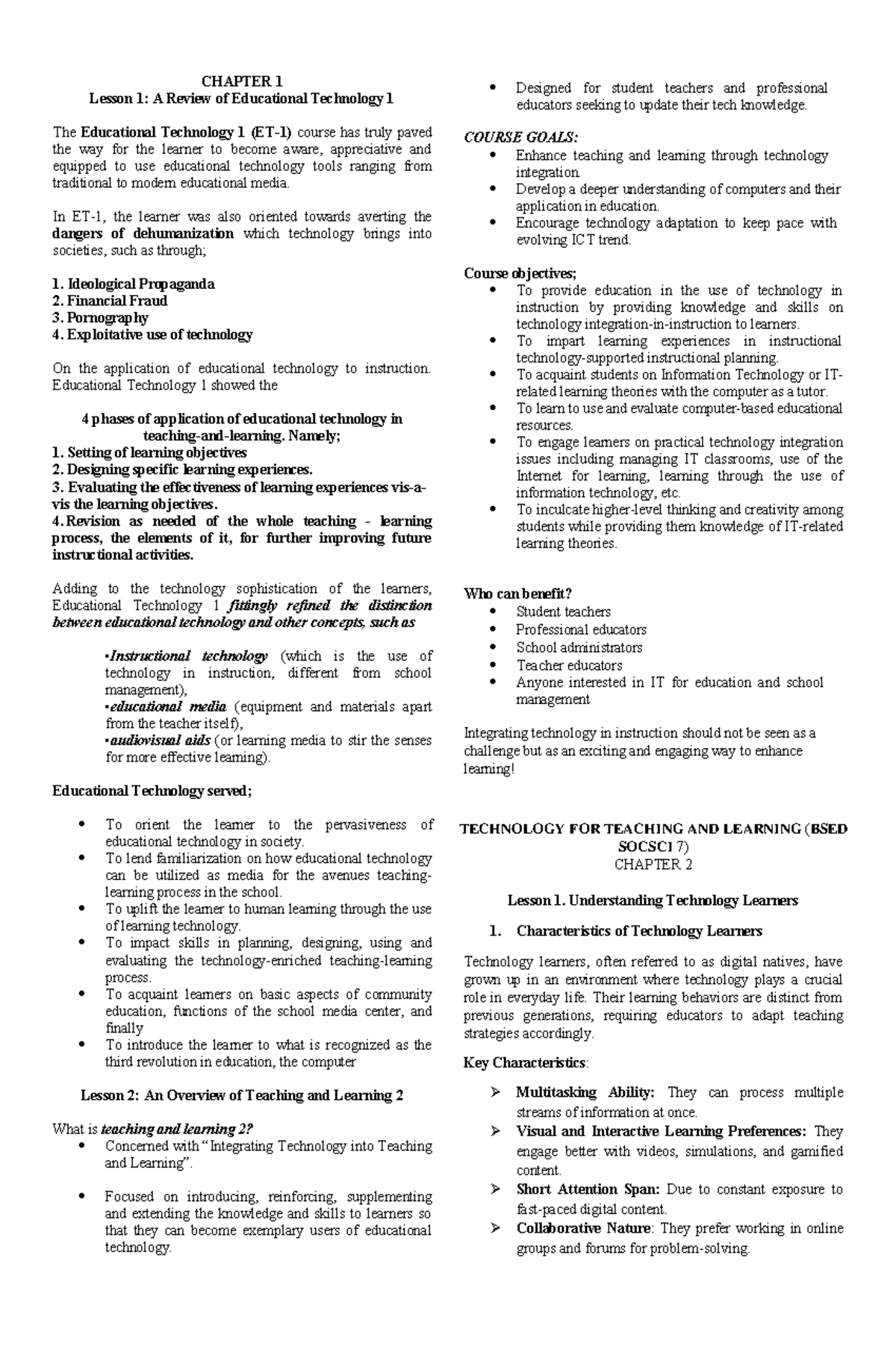 TECHNOLOGY FOR TEACHING AND LEARNING (BSED SOCSCI 7) CHAPTER 1 OVERVIEW ...
