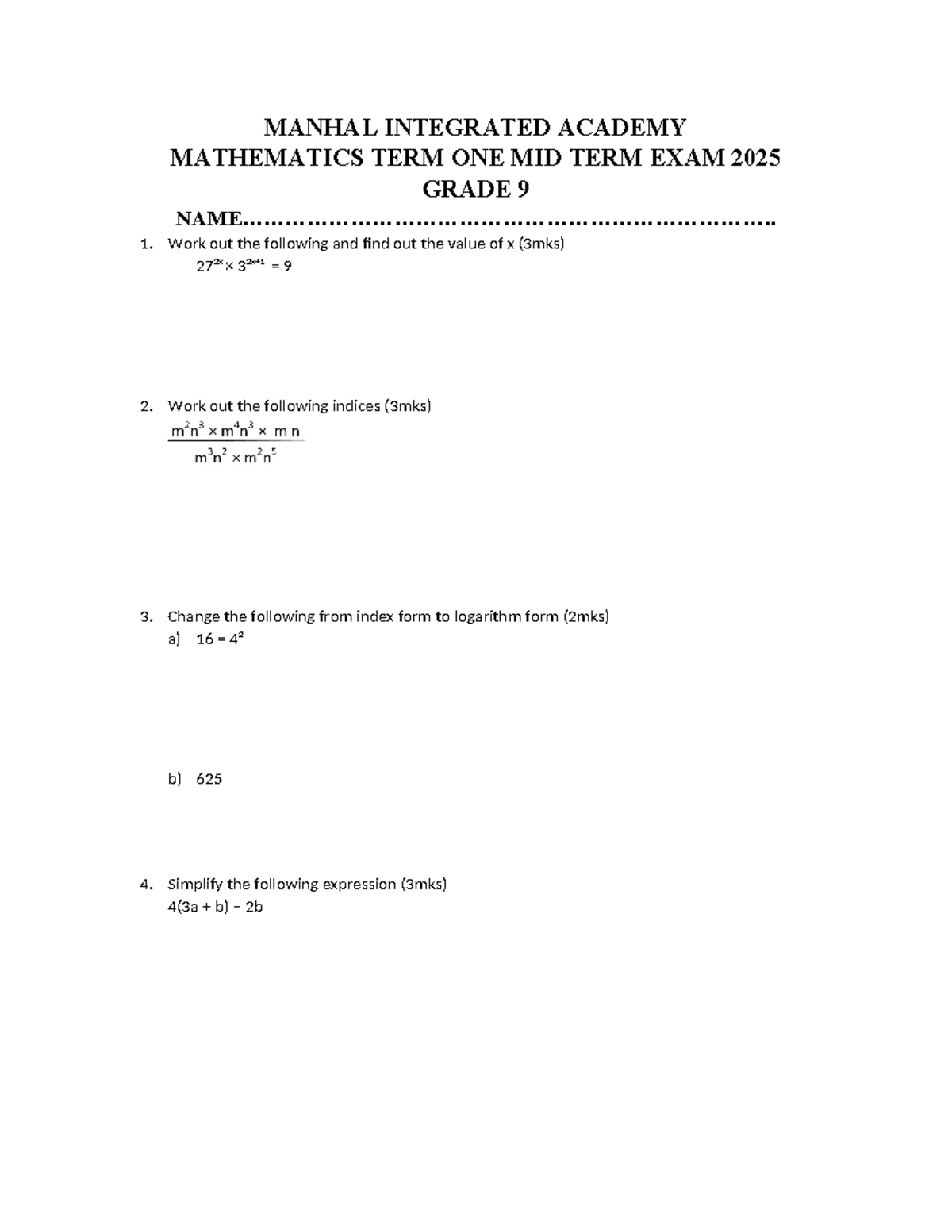 Grade 9 math exam - MANHAL INTEGRATED ACADEMY MATHEMATICS TERM ONE MID ...
