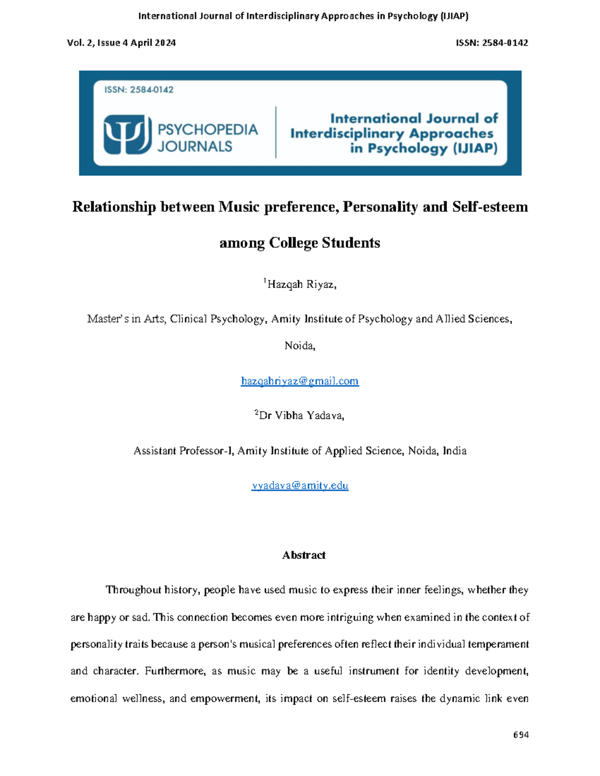 IJIAP Vol. 2, Issue 4: Music Preference and Personality Traits in ...