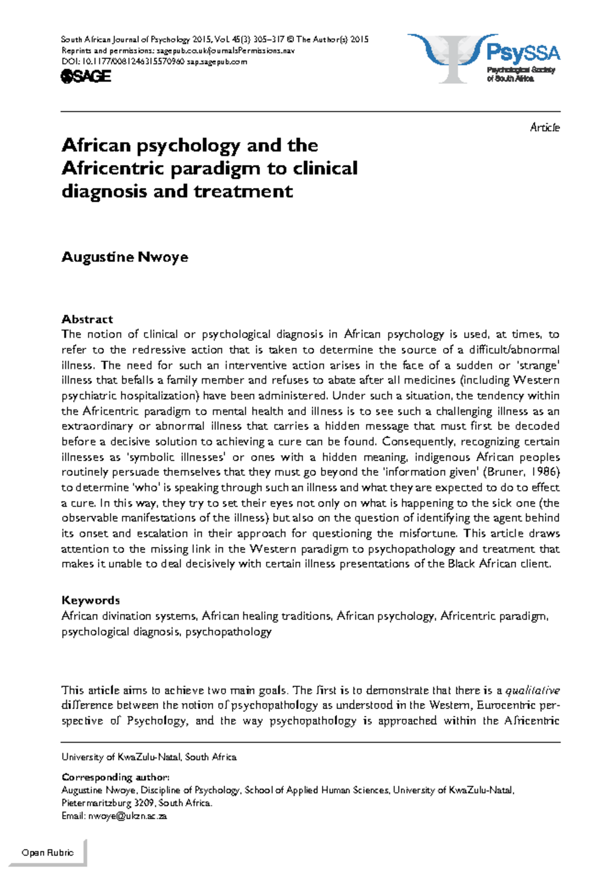 Africentric Paradigm in Clinical Diagnosis & Treatment: A Study on ...