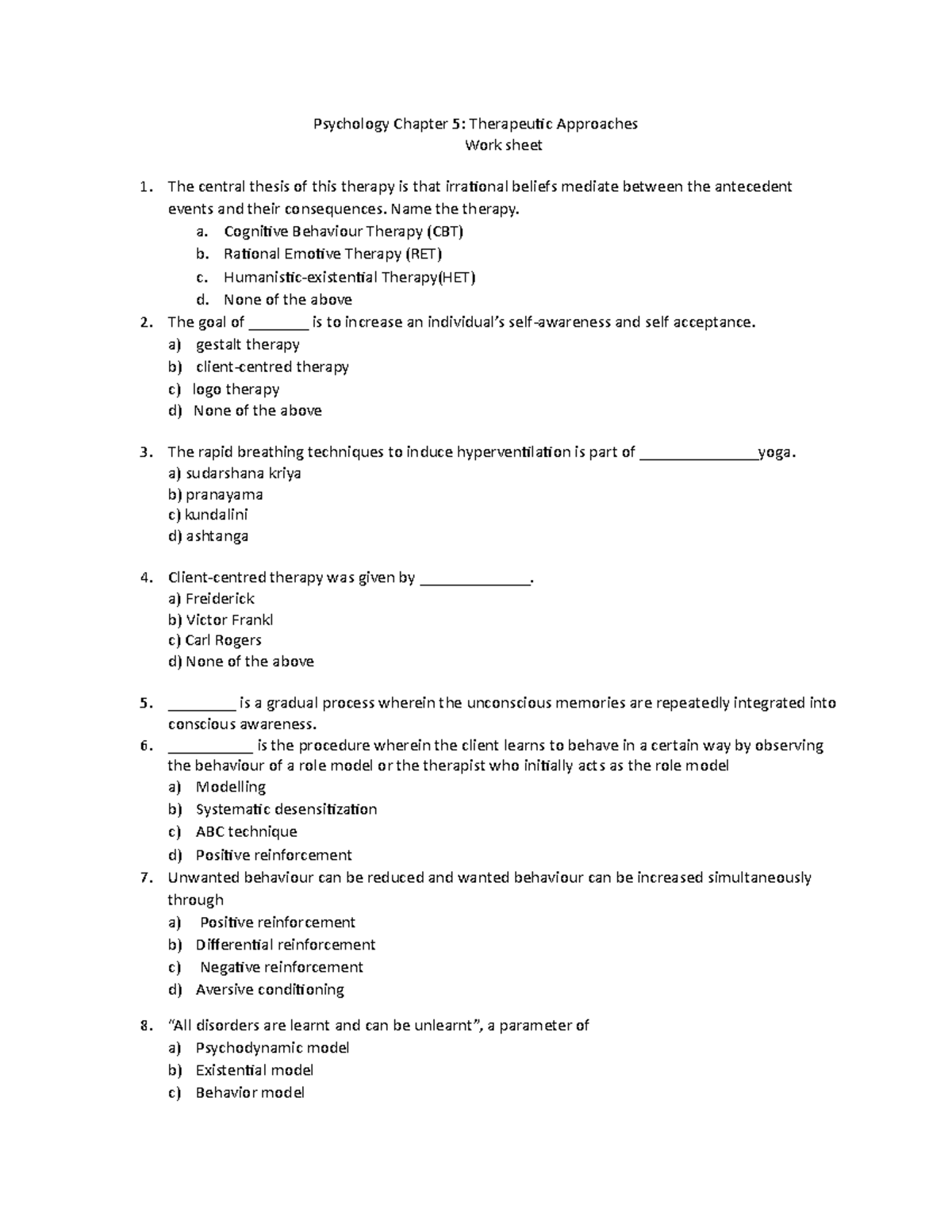 Chapter 5 worksheet - MCQ - Psychology Chapter 5: Therapeutic ...