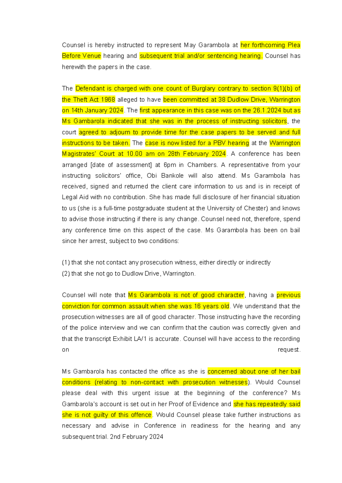 Conferencing Exam - Gambarola: Plea Before Venue Hearing Prep - Studocu
