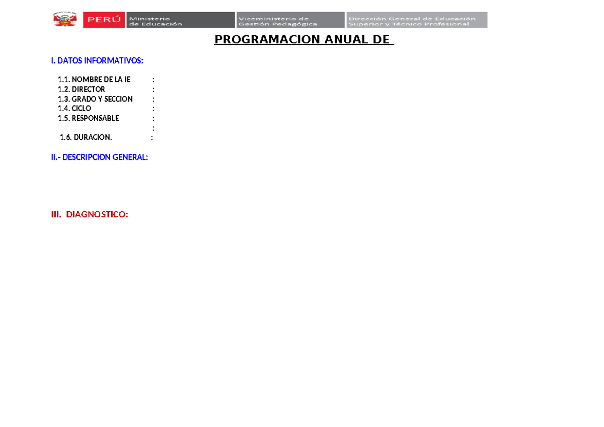 Modelo DE Programacion Anual Institucional 2025 - PROGRAMACION ANUAL DE I. DATOS INFORMATIVOS: 1 ...