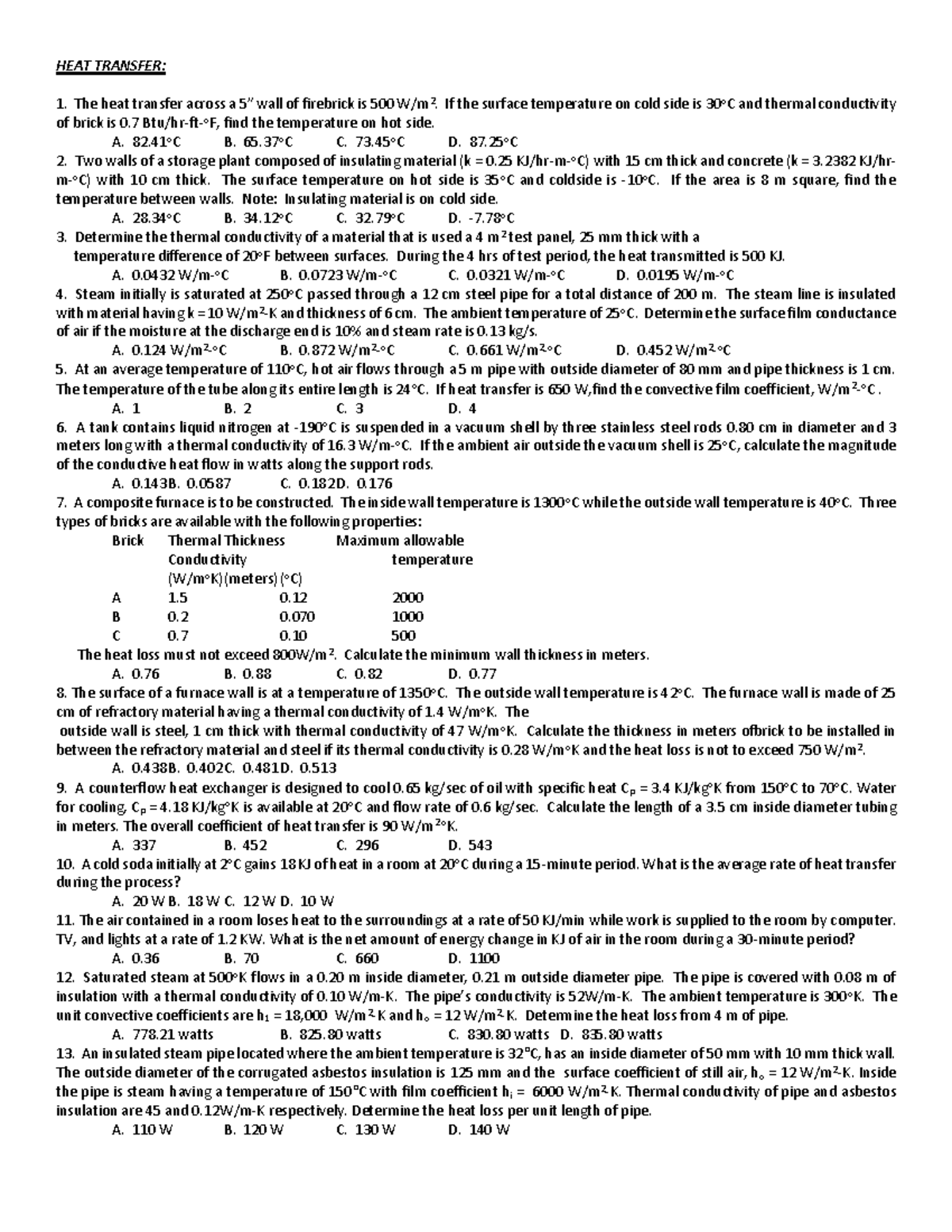 Heat Transfer Problem Set (ENGR 301): Calculation Exercises - Studocu