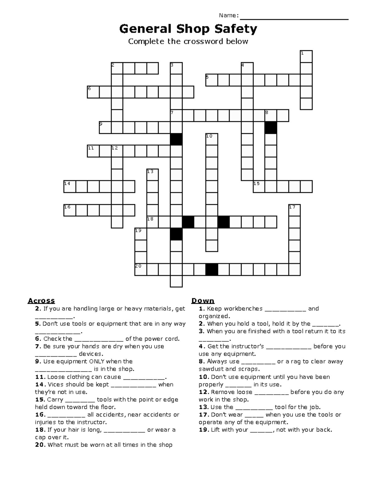 General Shop Safety Crossword Puzzle - Studocu