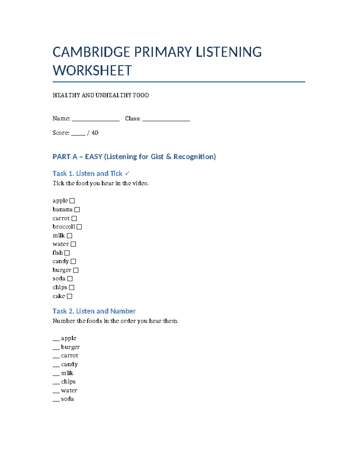 Cambridge Primary Listening Worksheet: Healthy vs Unhealthy Food - Studocu