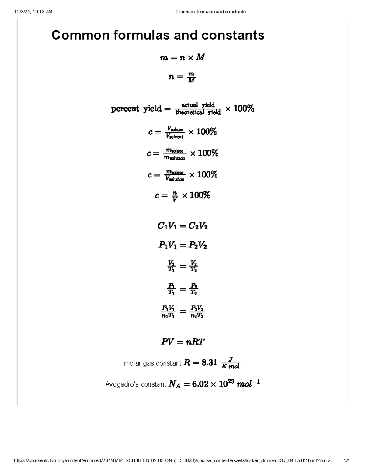 Common formulas and constants - J K⋅mol NA = 6 × 10 23 mol − 12/3/24 ...