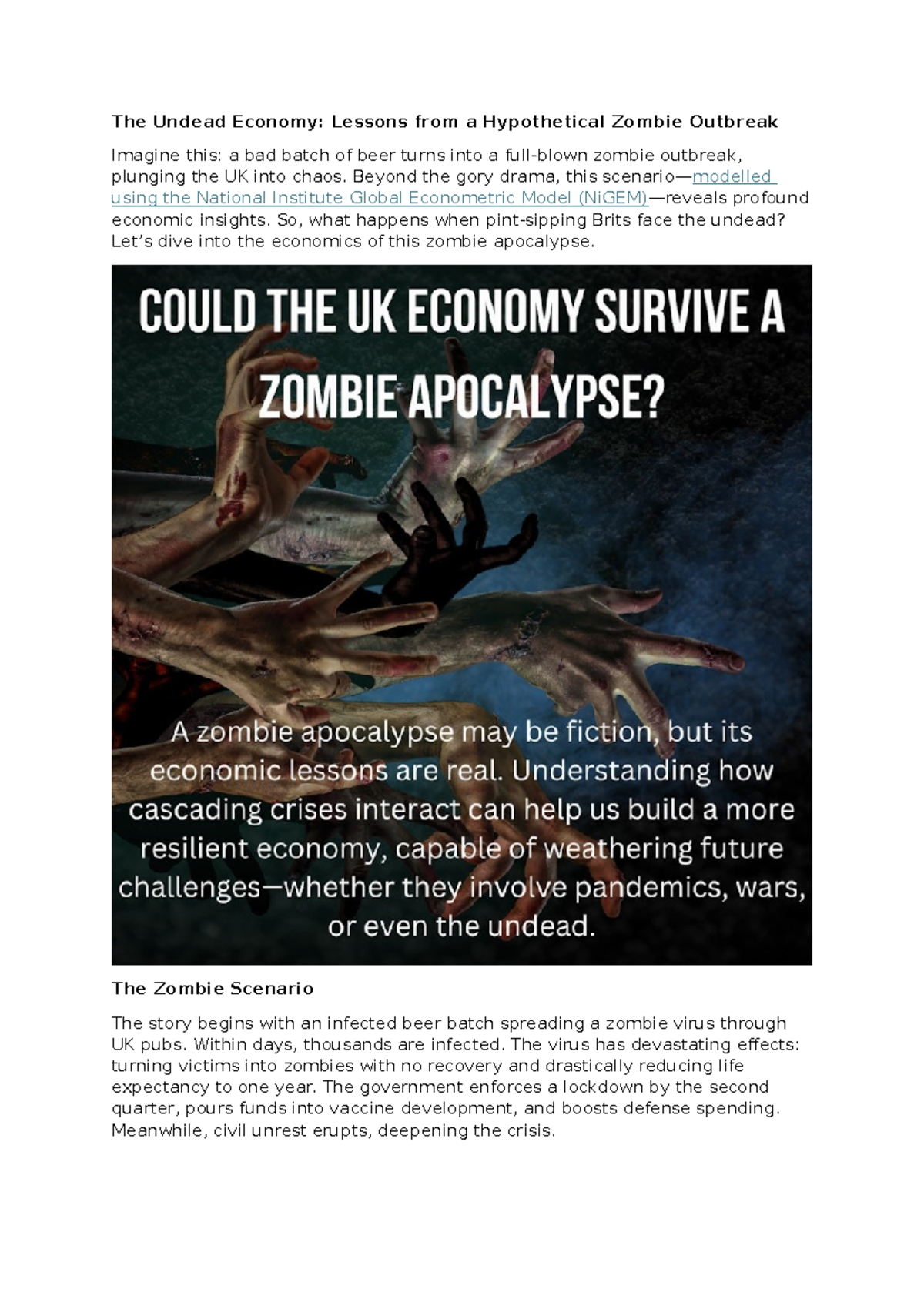 The Undead Economy: Insights from a Hypothetical Zombie Outbreak - Studocu