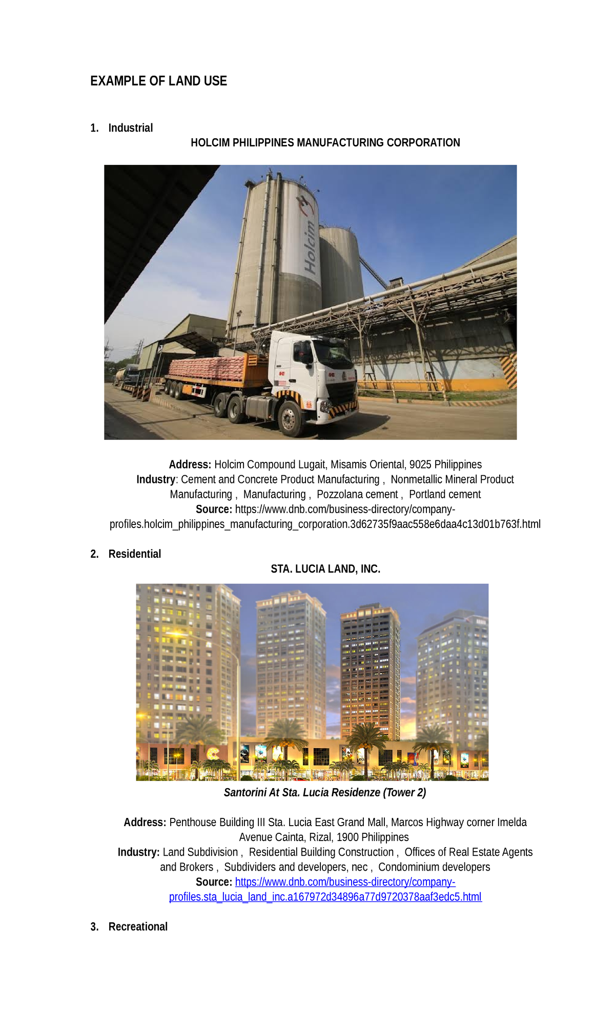 LAND USE EXAMPLES: Industrial, Residential, Recreational, Commercial ...