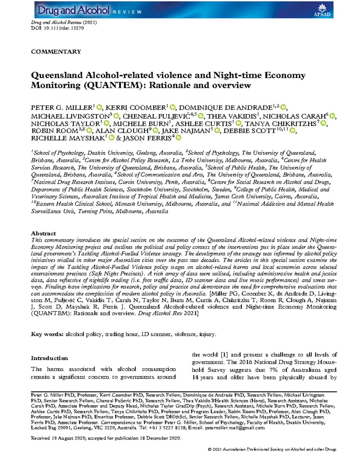 QUANTEM: Rationale and Overview of Queensland Alcohol-Related Violence ...