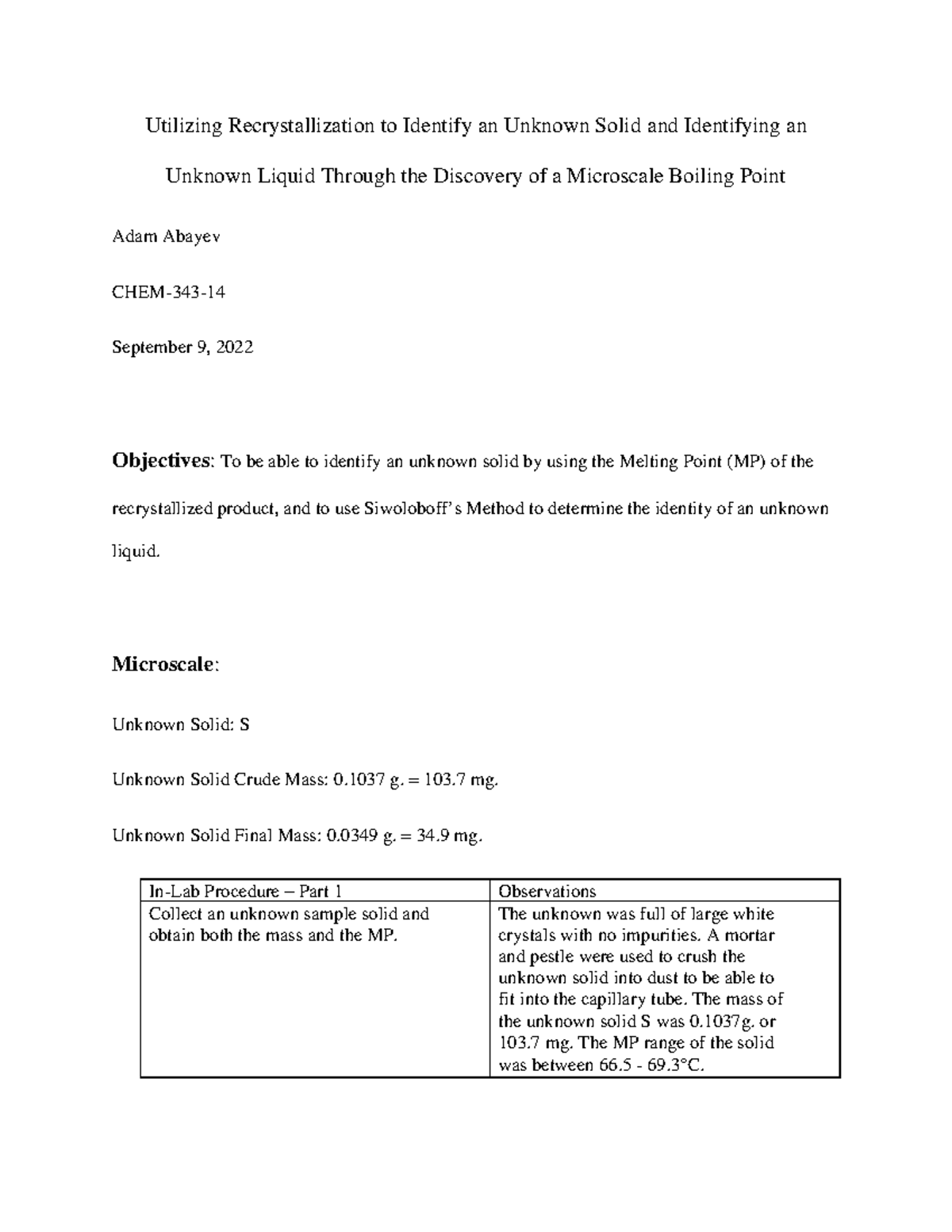 Chem 343 - Lab 2 Report: Recrystallization & Microscale Boiling Point ...