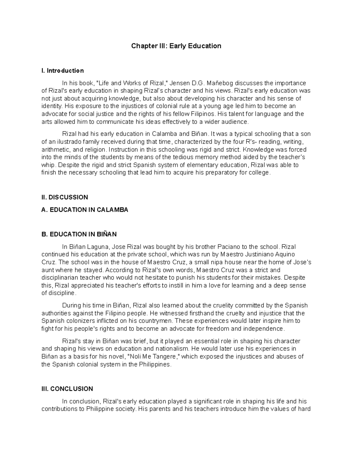 Early Education Insights from Rizal's Life and Works (Course Code ...