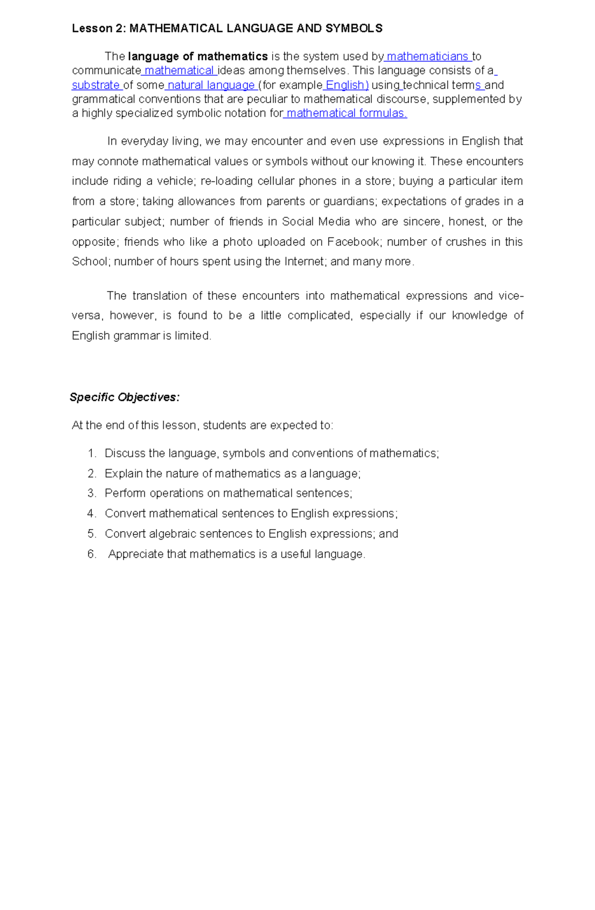 Lesson 2 Mathl Language and Symbols - Lesson 2: MATHEMATICAL LANGUAGE ...