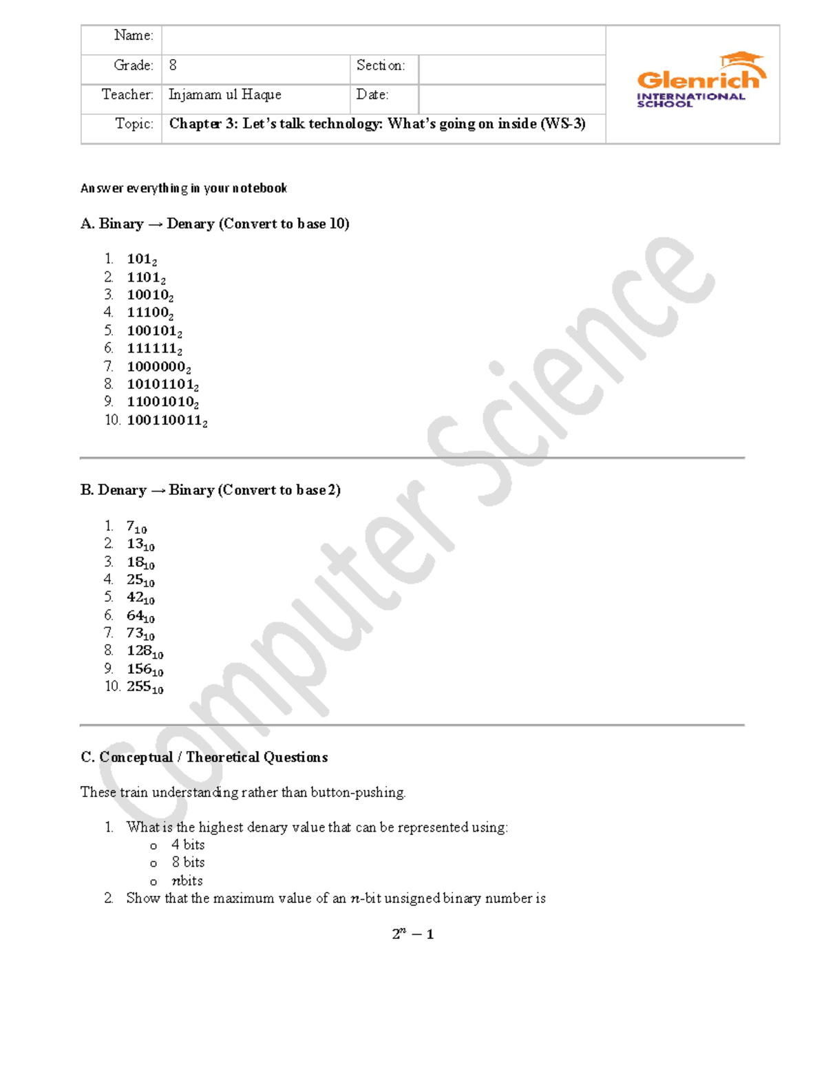 G8 Chapter 3: Technology & Binary Conversion Worksheet - Studocu