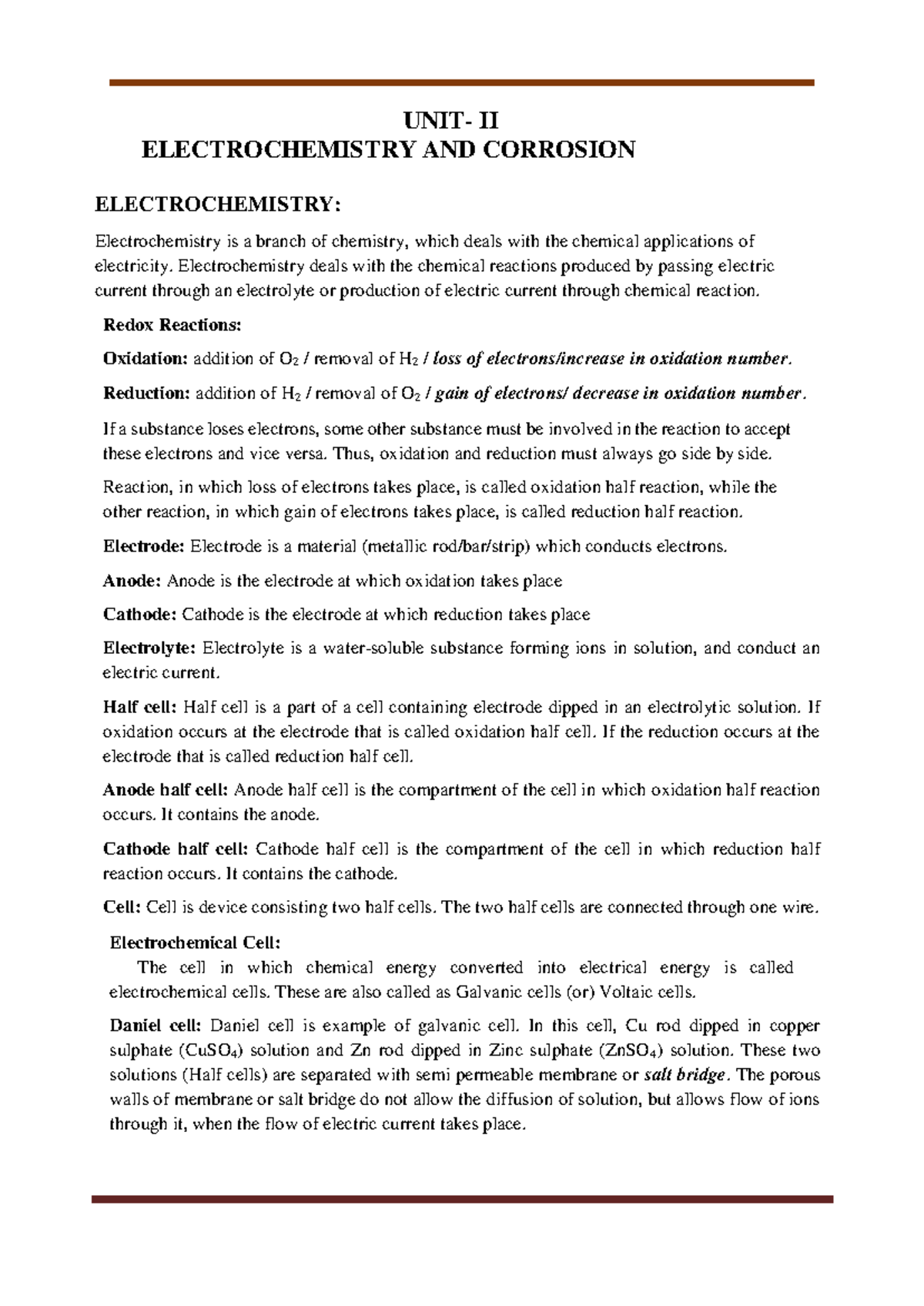 Unit-II Electrochemistry and Corrosion Notes CSE E - Studocu