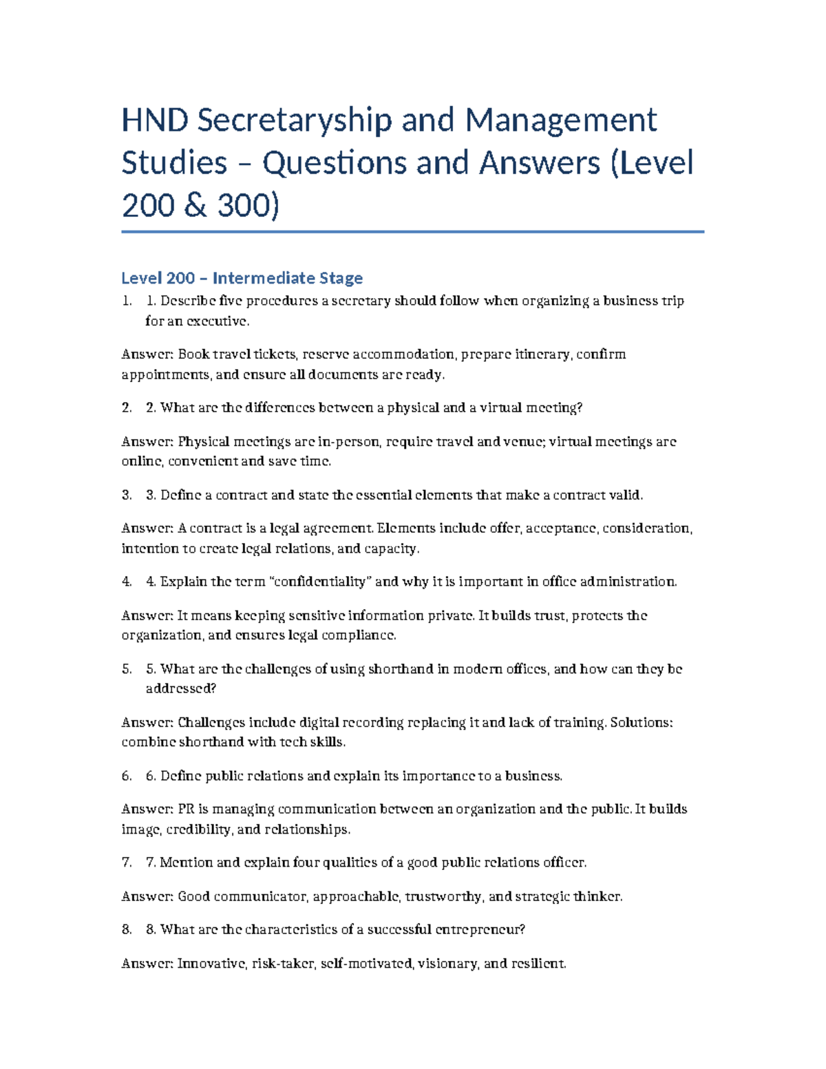 HND Secretaryship & Management Q&A: Levels 200 & 300 Insights - Studocu