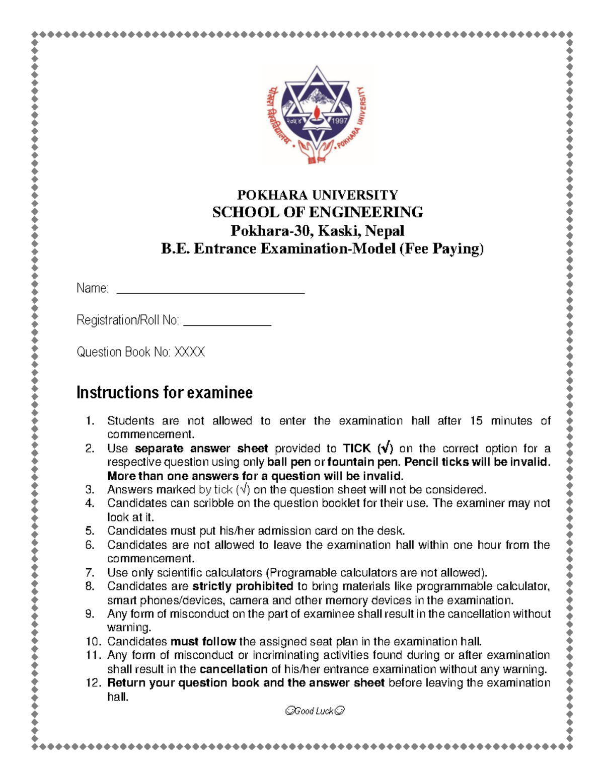 B.E. Entrance Exam Model Question Paper - POKHARA UNIVERSITY - Studocu