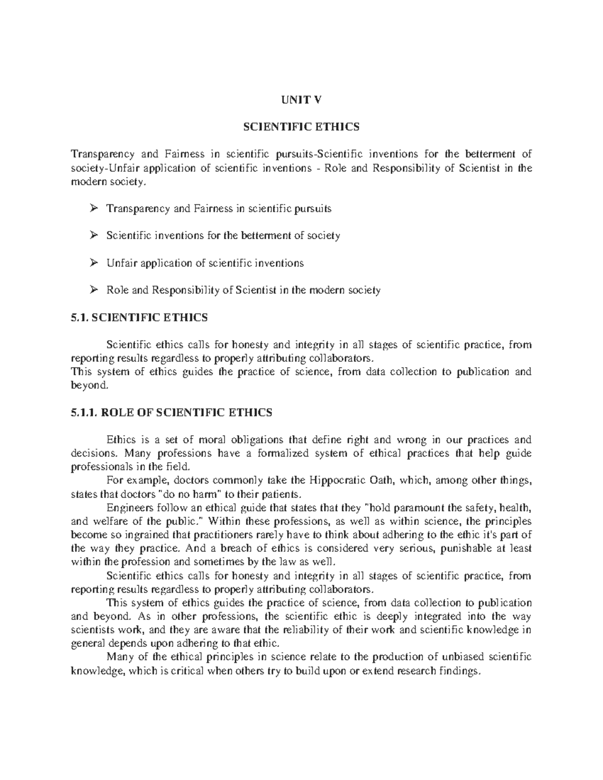 UNIT V - Scientific Ethics: Transparency, Fairness, and ...