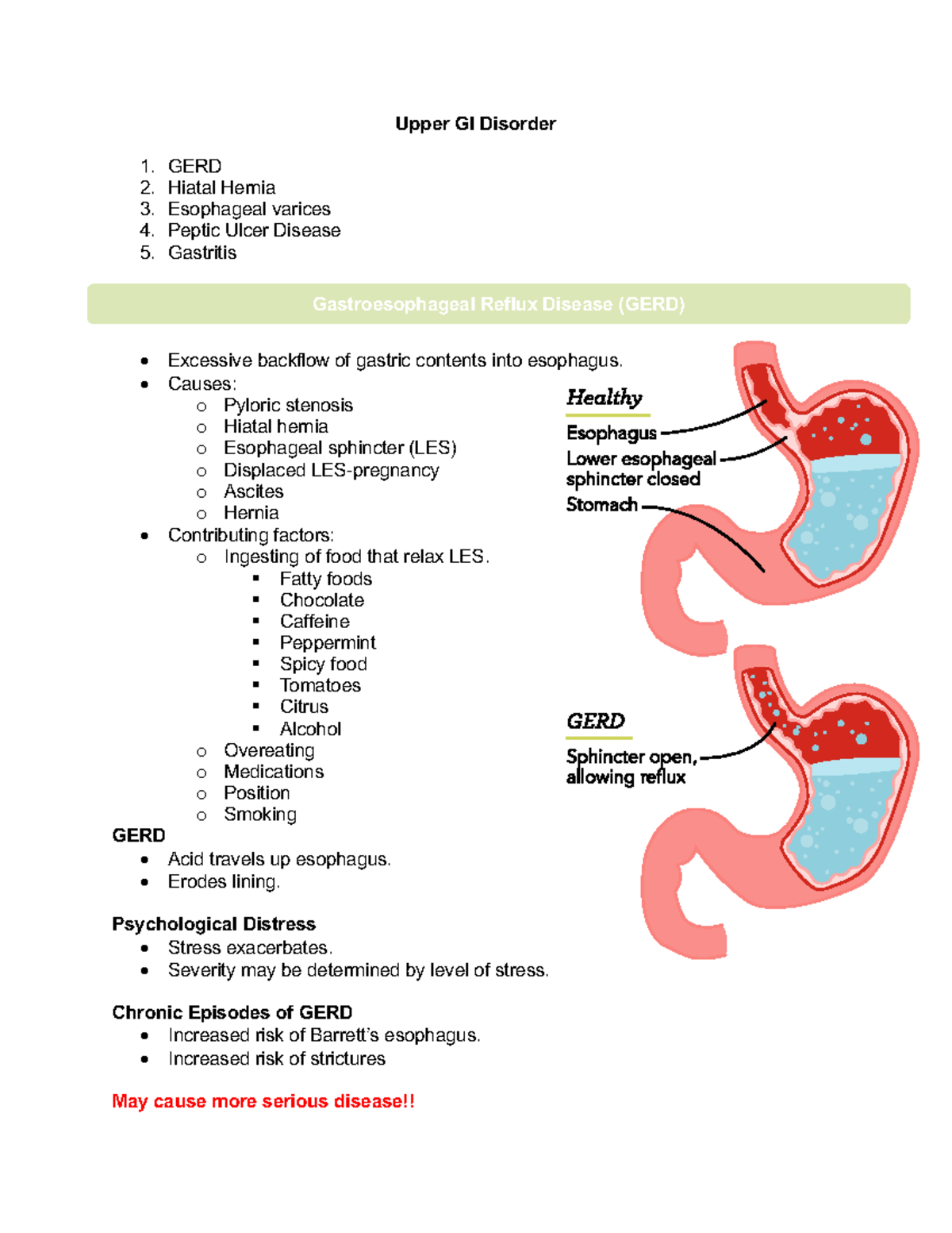 Upper GI Disorders Study Guide: GERD, Hiatal Hernia, and More - Studocu