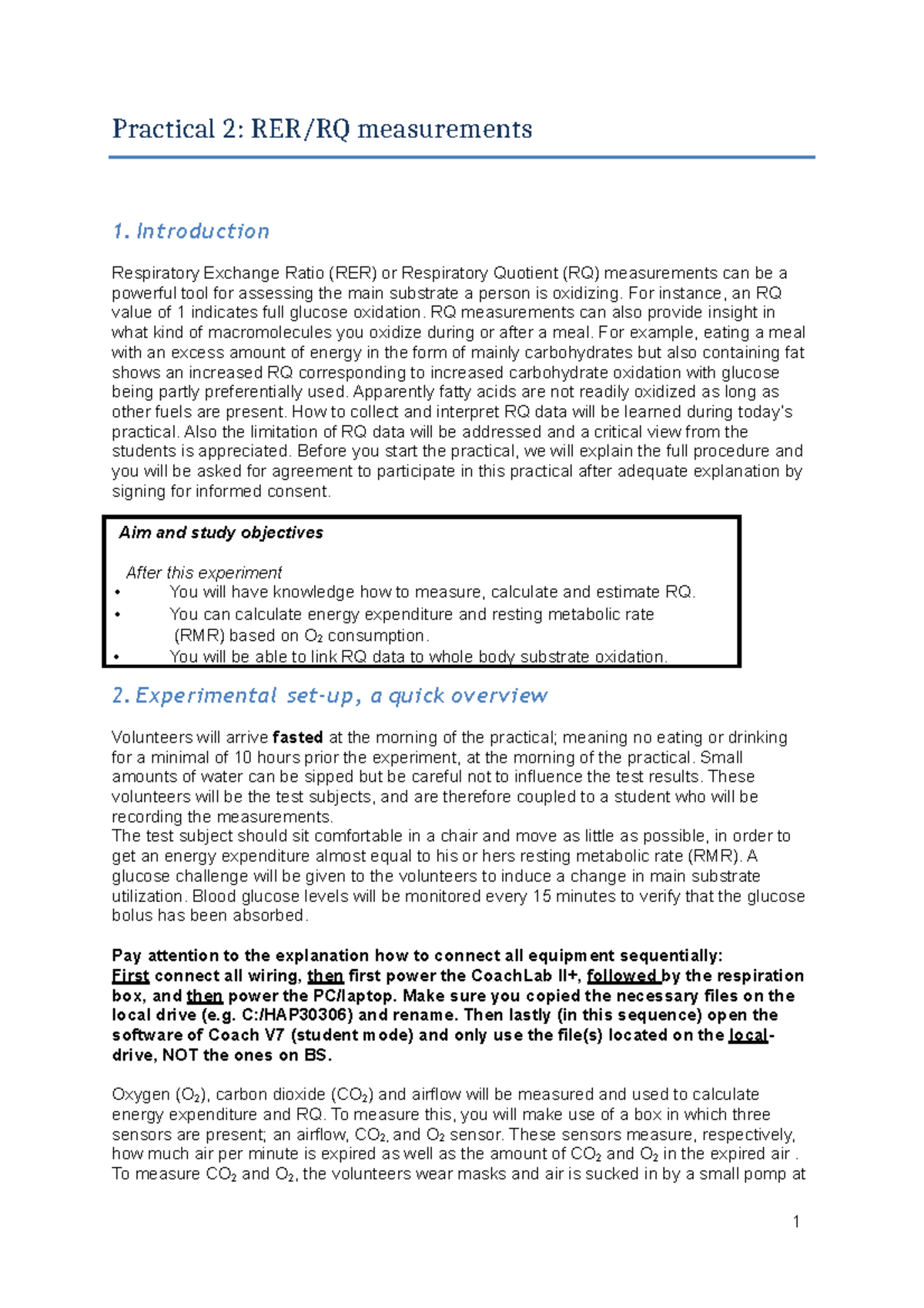 Practical 2: RER/RQ Measurements in Nutritional Physiology Assignment ...