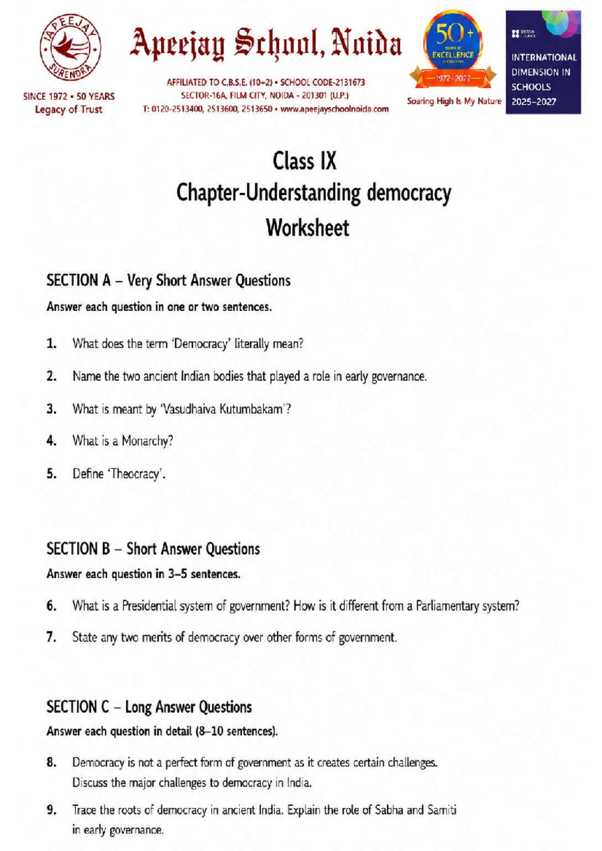 IX CH - Understanding Democracy Worksheet: Class IX Questions - Studocu