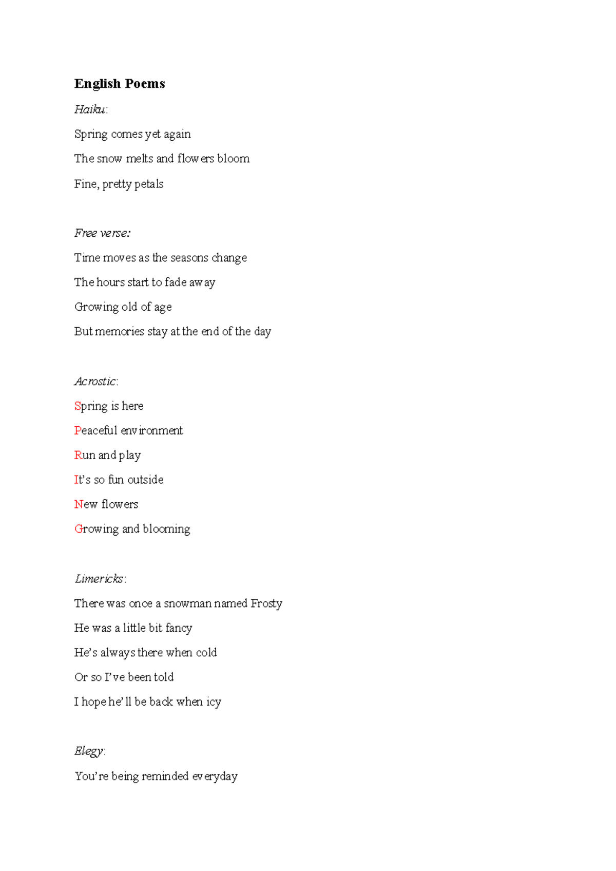 English Poems: Haiku, Free Verse, Acrostic, Limericks & Elegy - Studocu