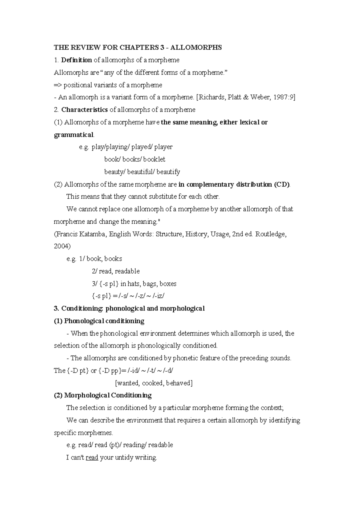 Summary of Chapter 3: Allomorphs Explained - Engl 101 - Studocu