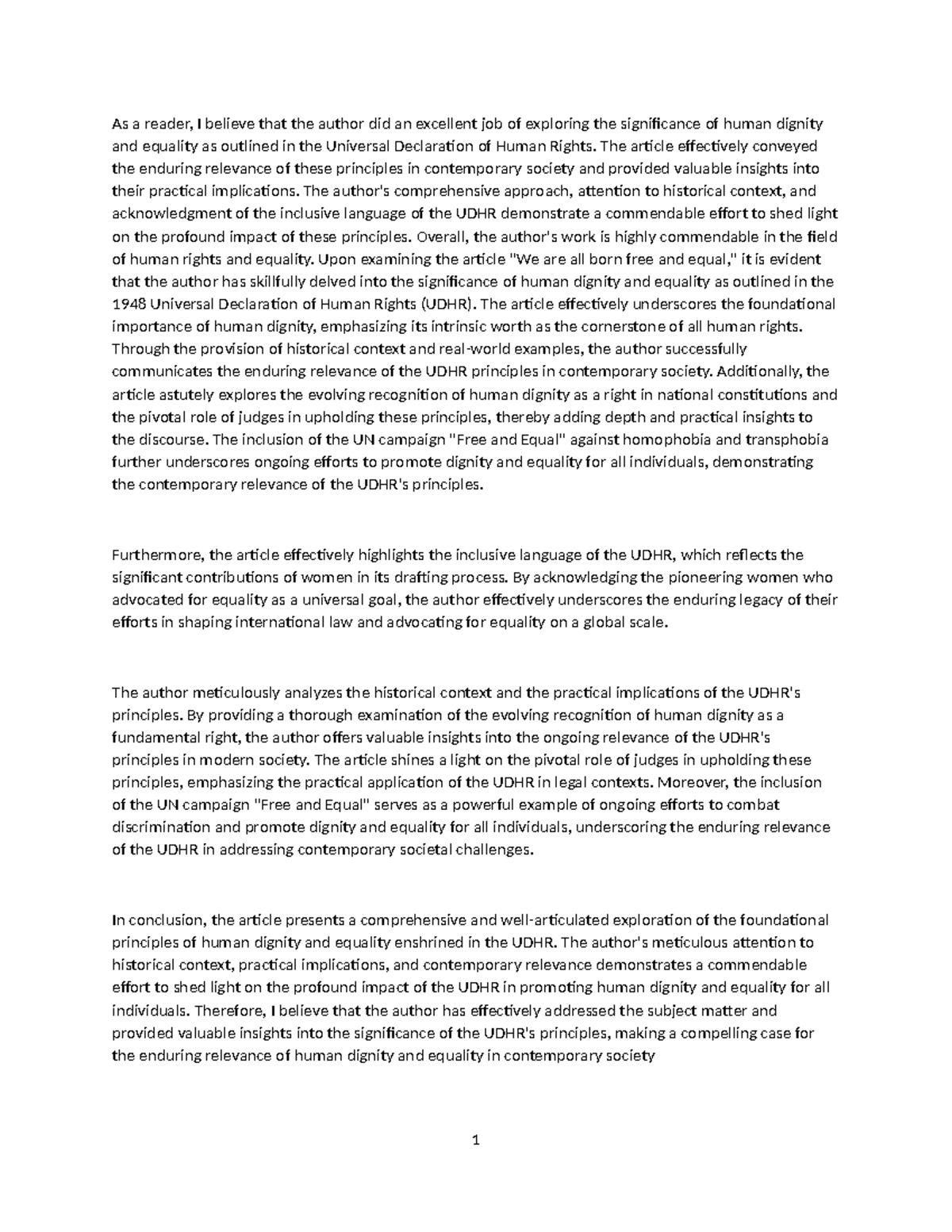 Human Rights Essay: Exploring Dignity & Equality in UDHR - Studocu