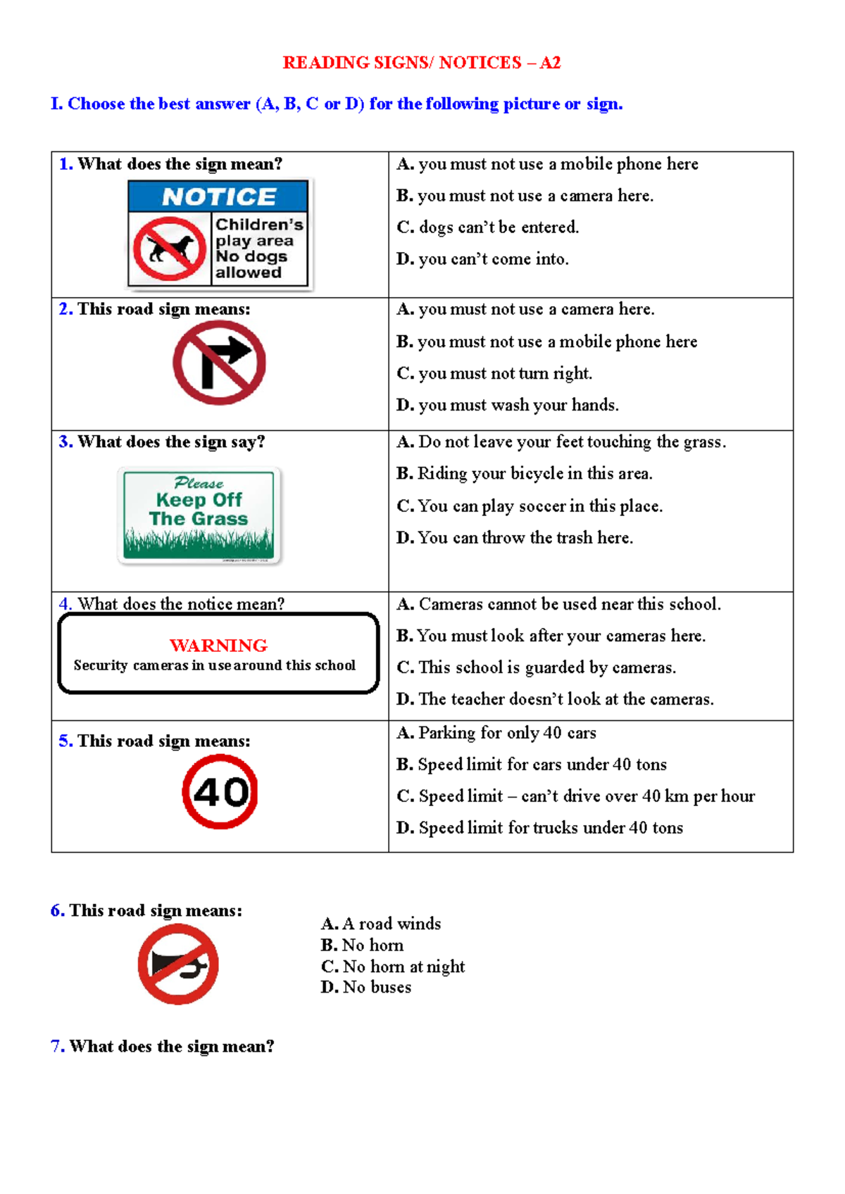 A2 Reading Notices: Understanding Sign Meanings and Instructions - Studocu