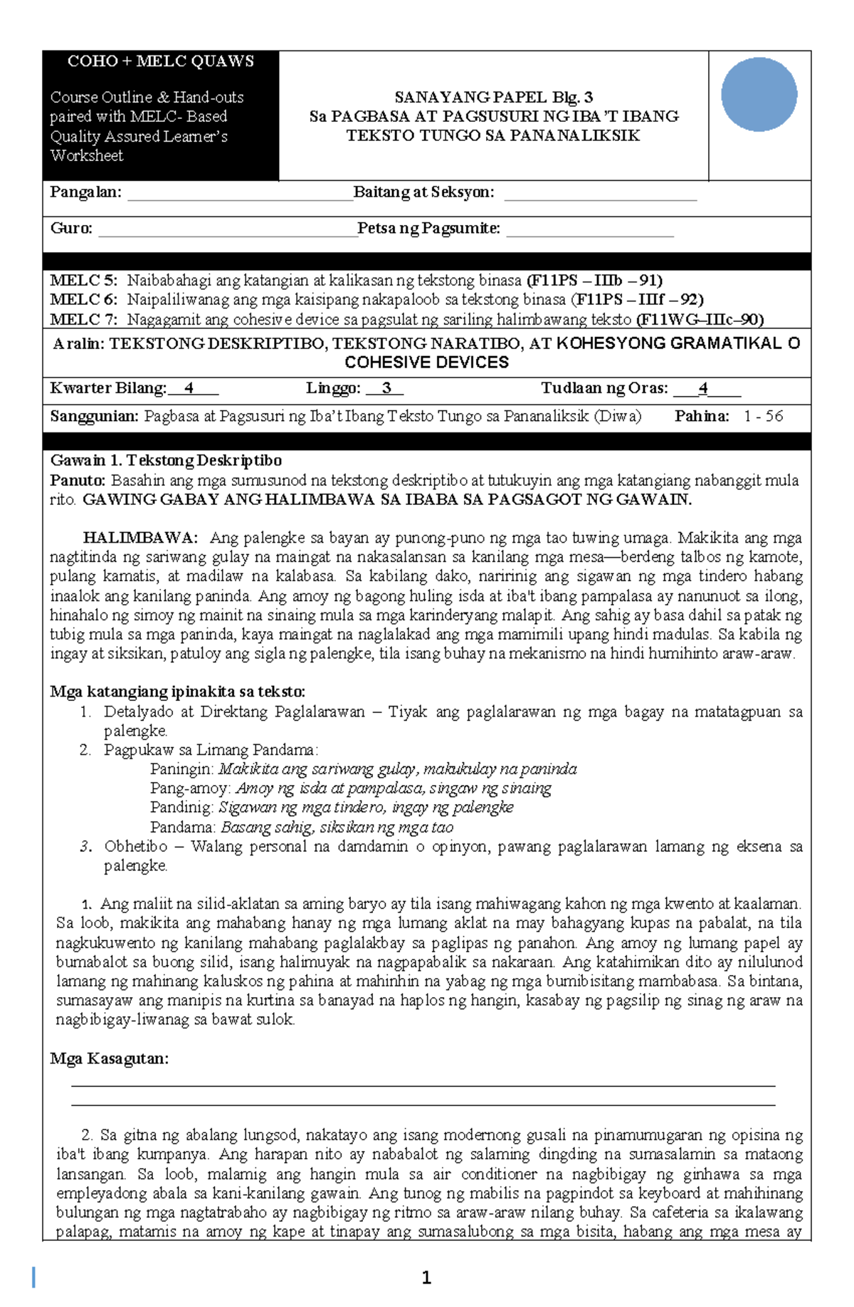 4th-Quarter worksheet 3 day1 - COHO + MELC QUAWS SANAYANG PAPEL Blg. 3 ...