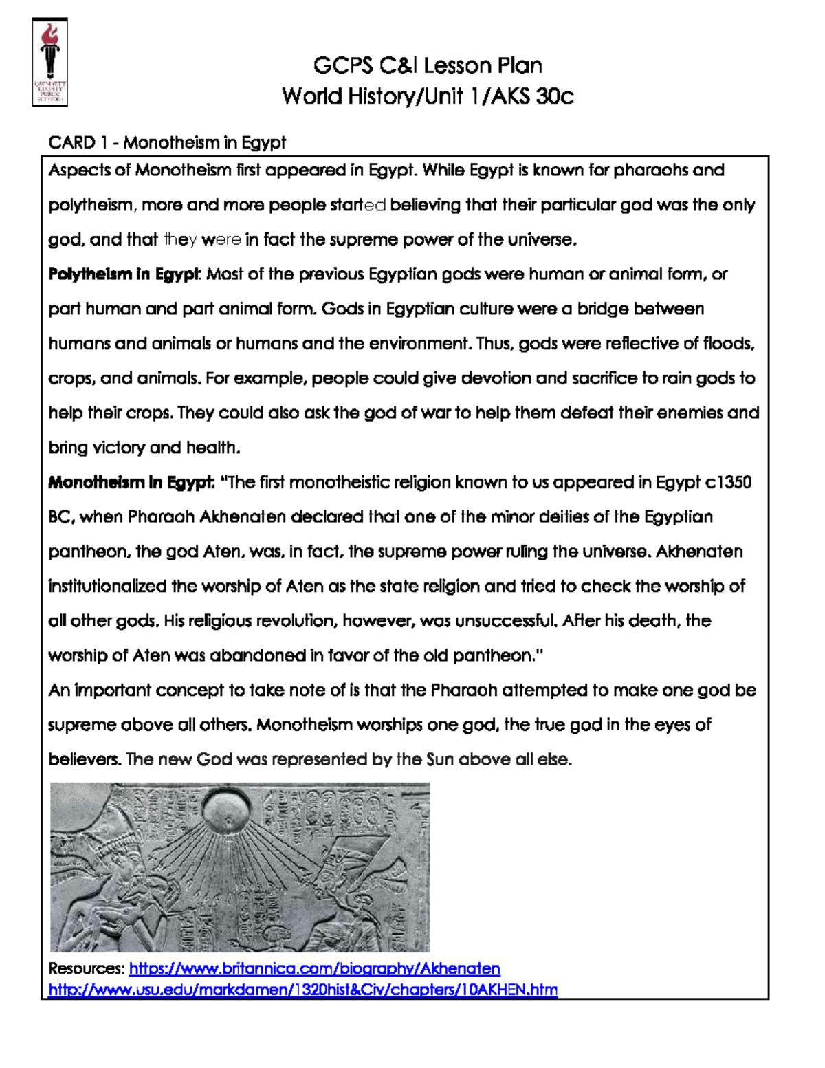 GCPS Lesson Plan: Monotheism in Egypt (World 30c) - Studocu