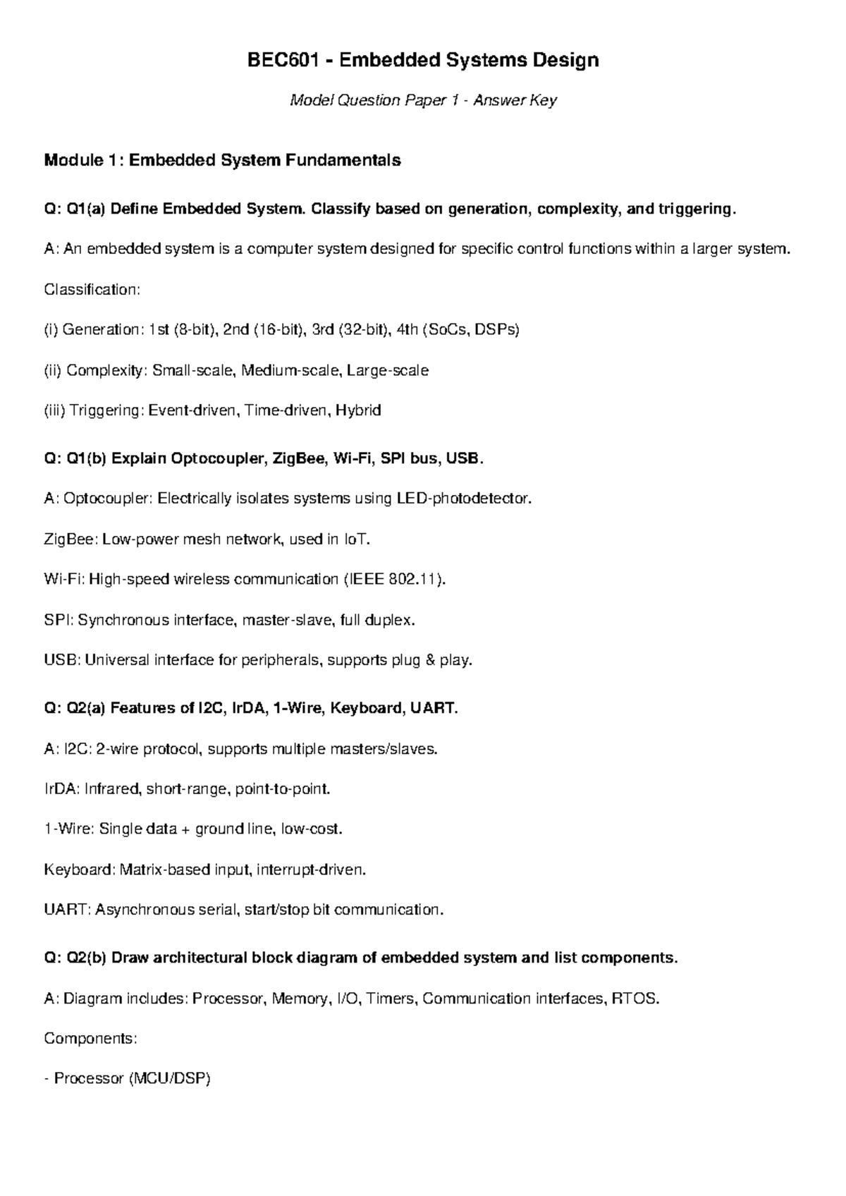 BEC601 Embedded Systems Design Model QP1 Answer Key: Module 1 - Studocu