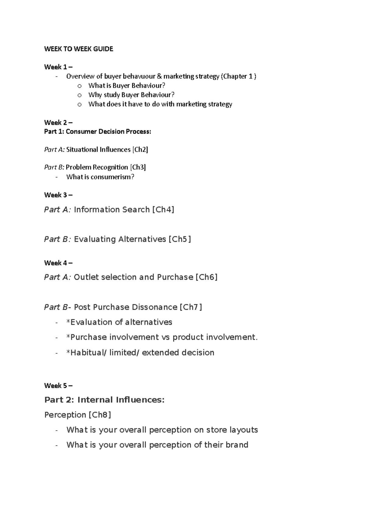 WEEK TO WEEK Guide - Summary Buyer Behaviour - WEEK TO WEEK GUIDE Week ...