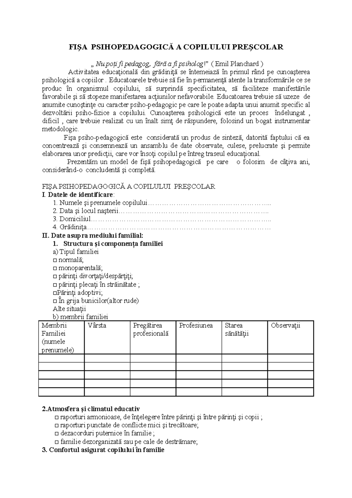 Fișa Psihopedagogică a Copilului Preșcolar - Model Grădiniță - Studocu