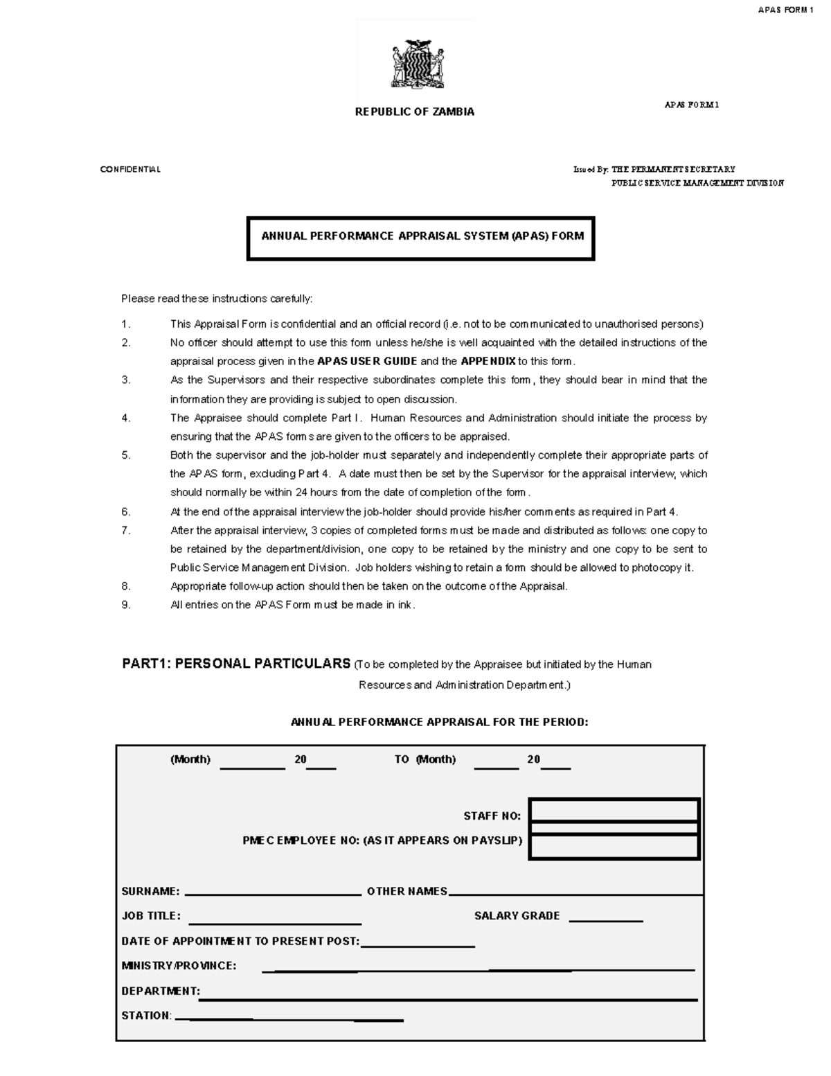 APAS FORM Latest - Good for students - REPUBLIC OF ZAMBIA ANNUAL ...