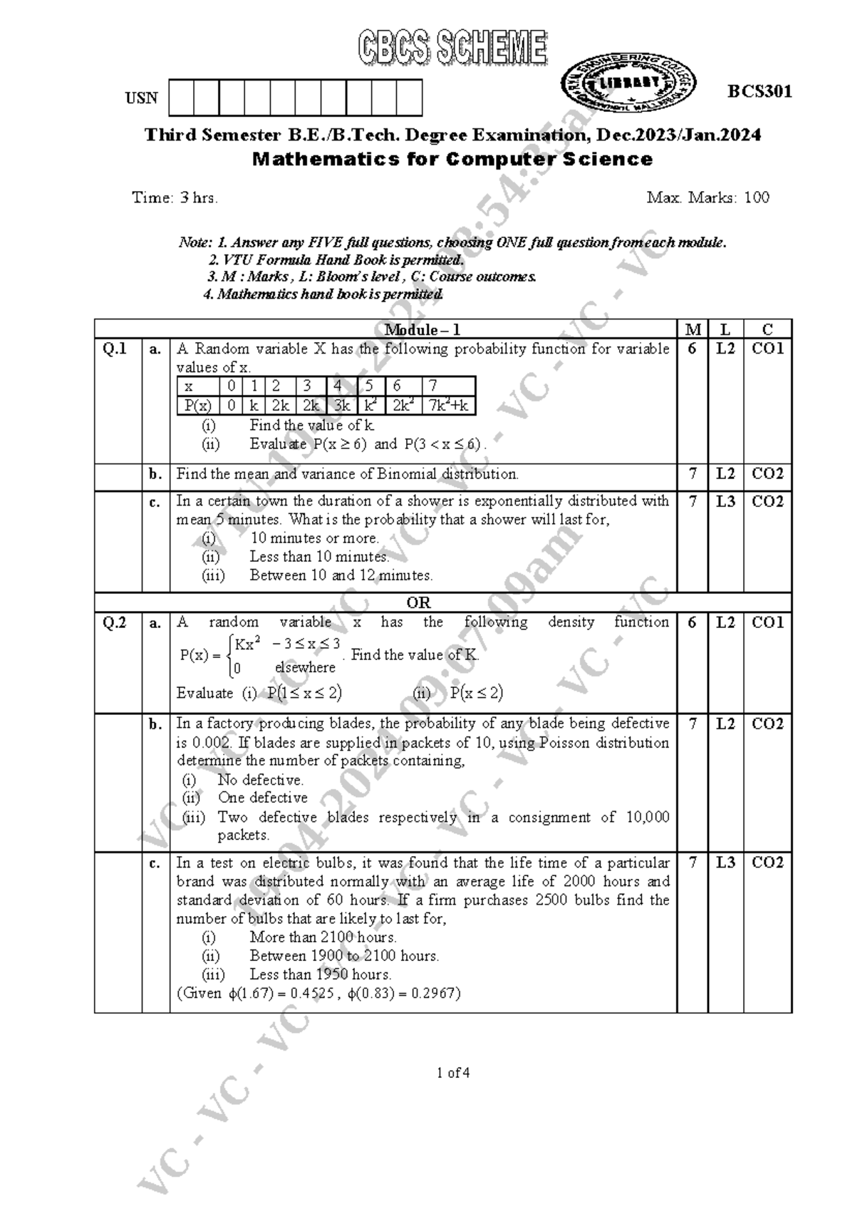BCS301 Third Semester Mathematics for Computer Science Exam Notes - Studocu