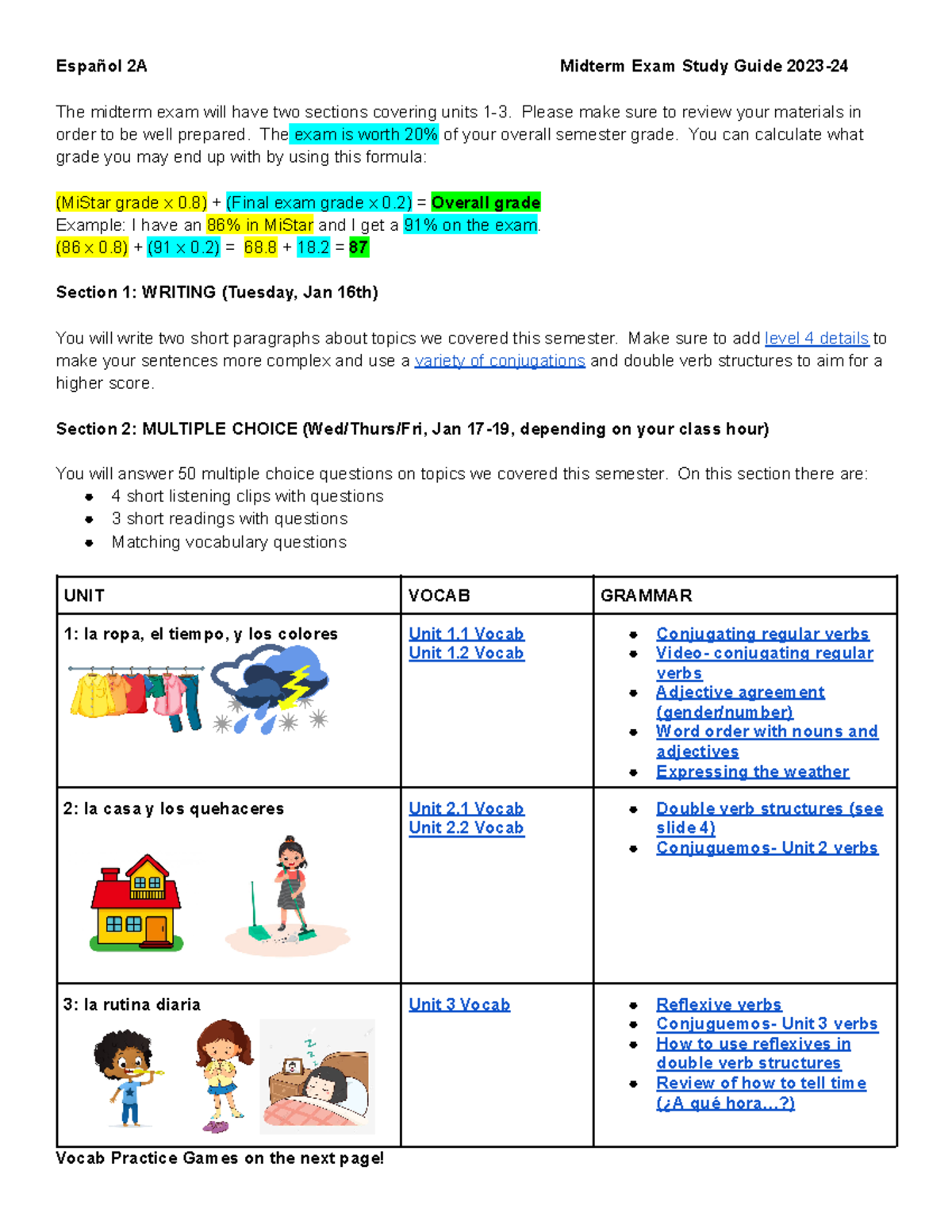 Español 2A Midterm Exam Study Guide 2023-24: Units 1-3 Overview - Studocu