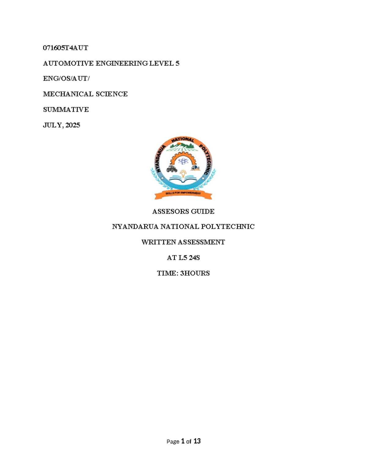 071605T4AUT Automotive Engineering Level 5 Mechanical Science Summative ...