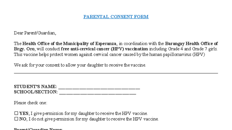 Parental Consent Form for HPV Vaccine - Grade 4 & 7 Students - Studocu