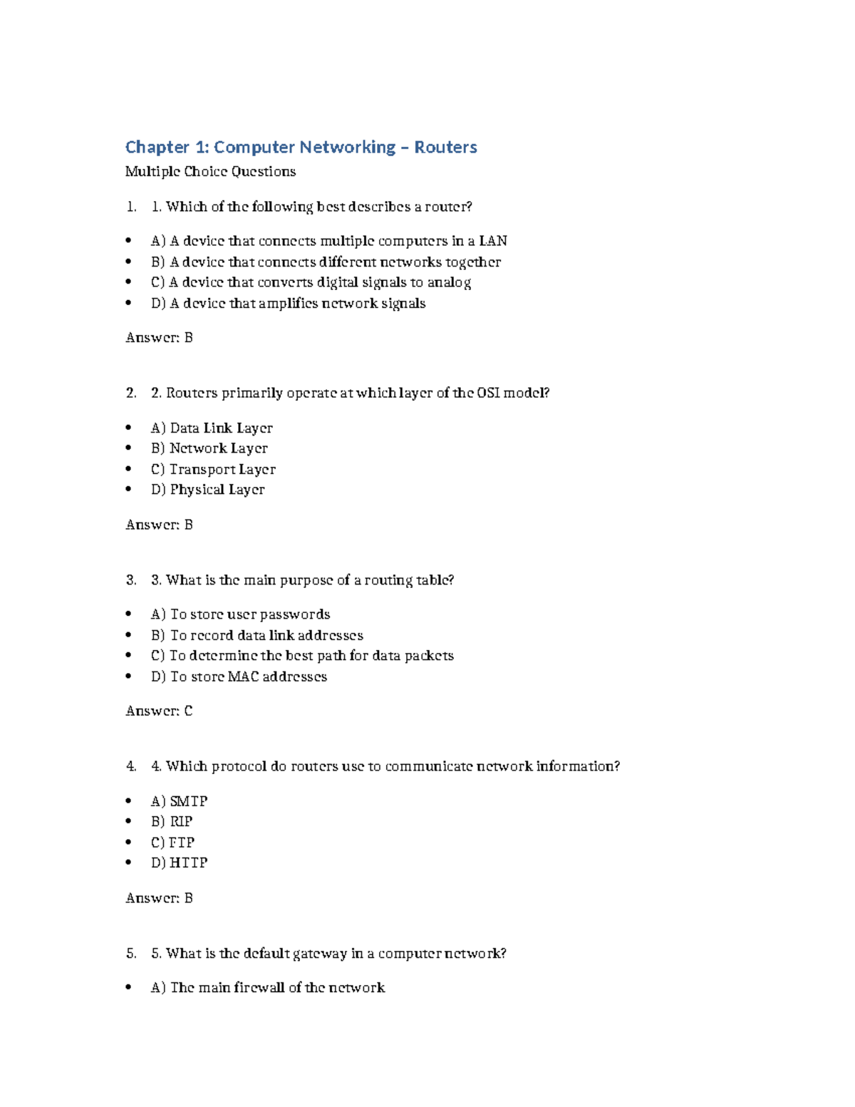 Chapter 1: Computer Networking Routers MCQs and Answers - Studocu