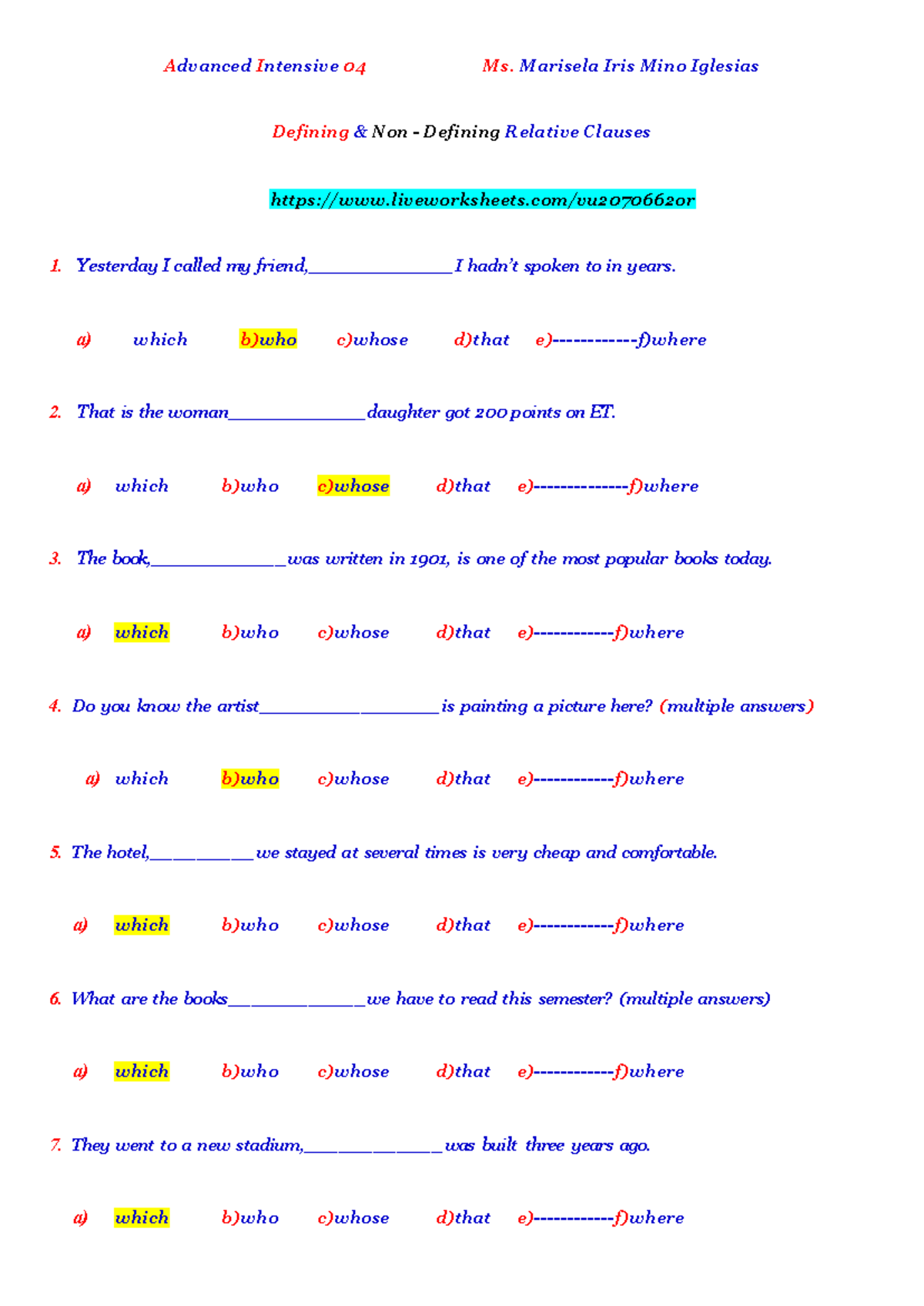 Advanced Intensive 04: Defining & Non-Defining Relative Clauses - Studocu