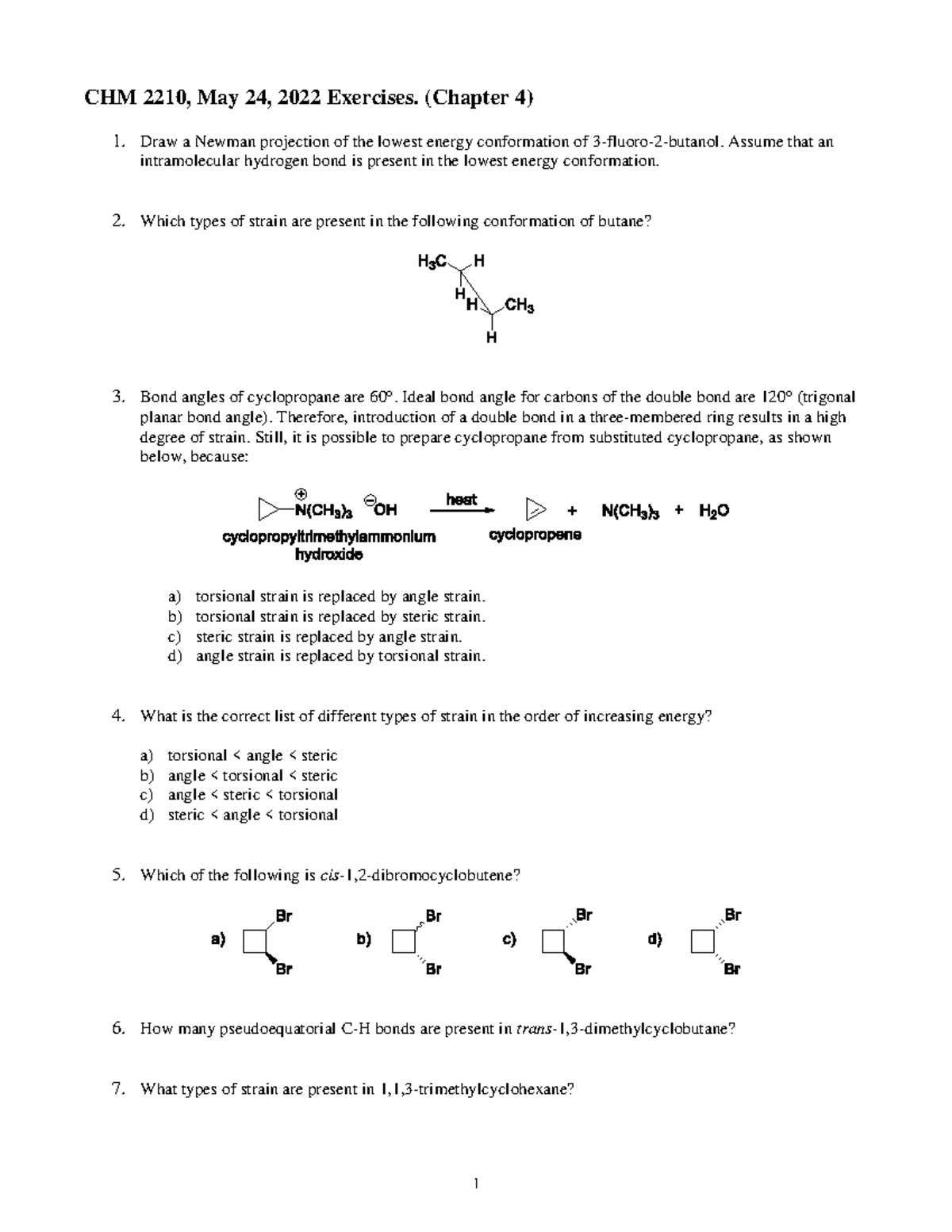 CHM 2210 Exercises on Conformational Strain & Molecular Structures ...