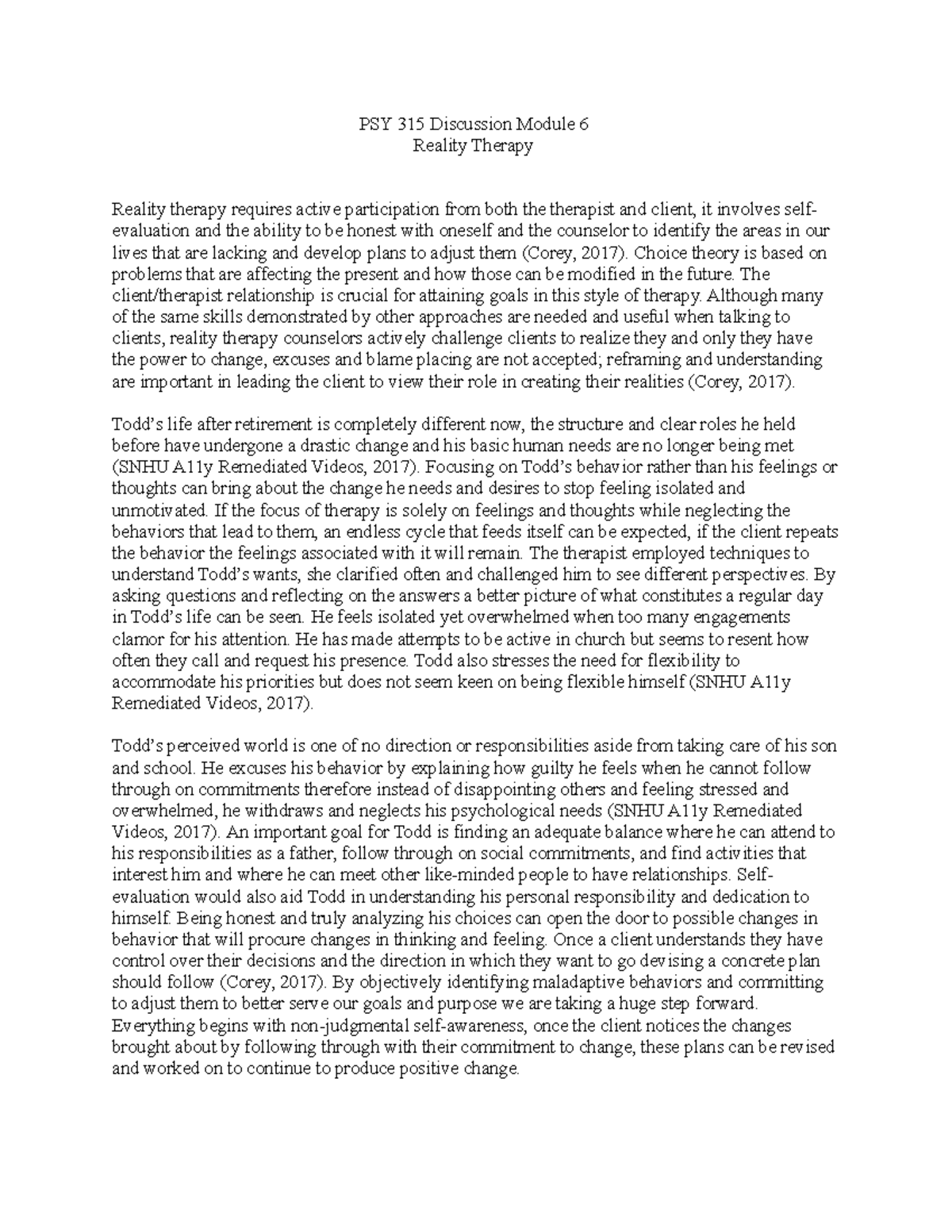 PSY 315 Module 6 Discussion: Exploring Reality Therapy Concepts - Studocu