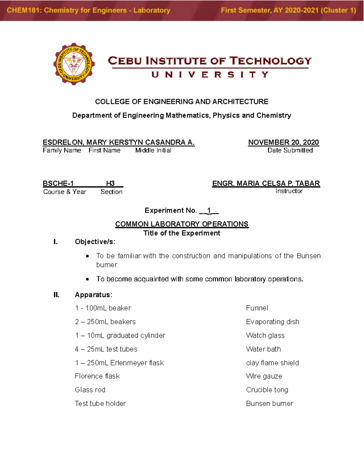 CHEM181 H3 FR1 Esdrelon - Family Name First Name Middle Initial Date ...